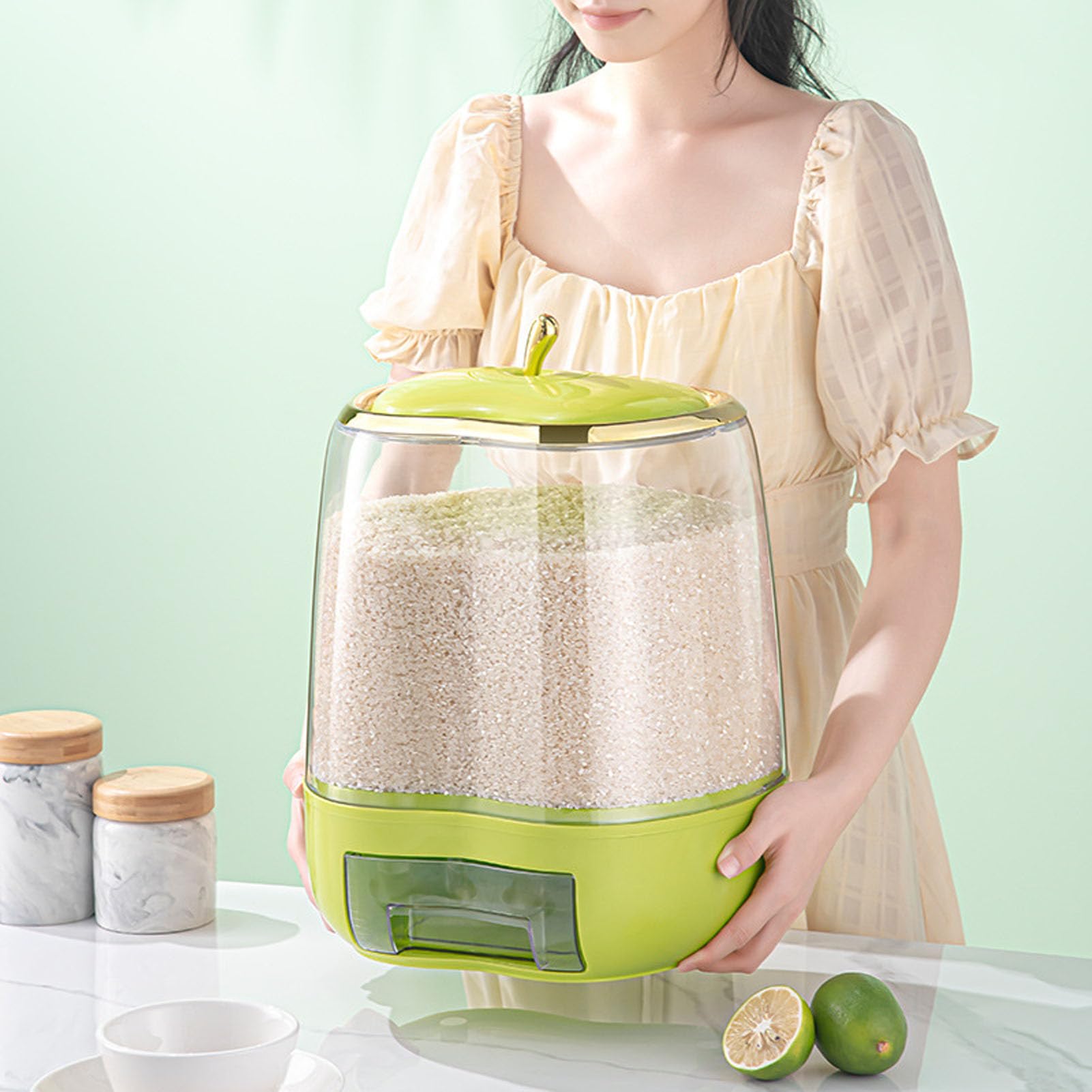 Kitchen Rice Container, 10KG Capacity Food Rice Storage Box, Rice Dispenser Bin Household Cereal Dispenser Bucket for Home Kitchen (Green)
