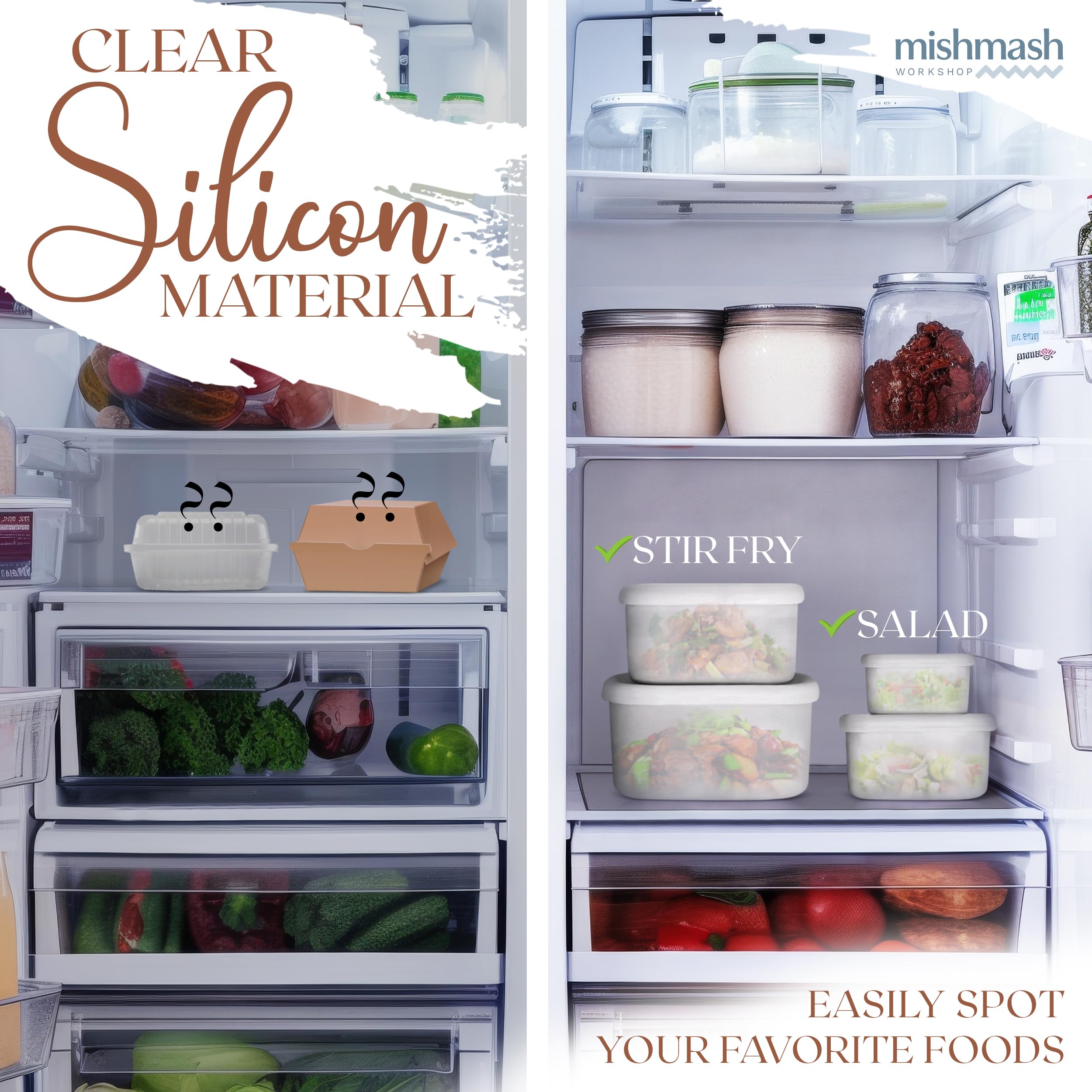 4 Pack Clear Nesting Silicone Food Storage Containers with Lids, Eco-Friendly, Reusable Silicone Food & Home Storage Containers (44oz, 23.7oz, 10oz, 3.4oz) Airtight/Leak Proof (4 Lids/4 Container Set)