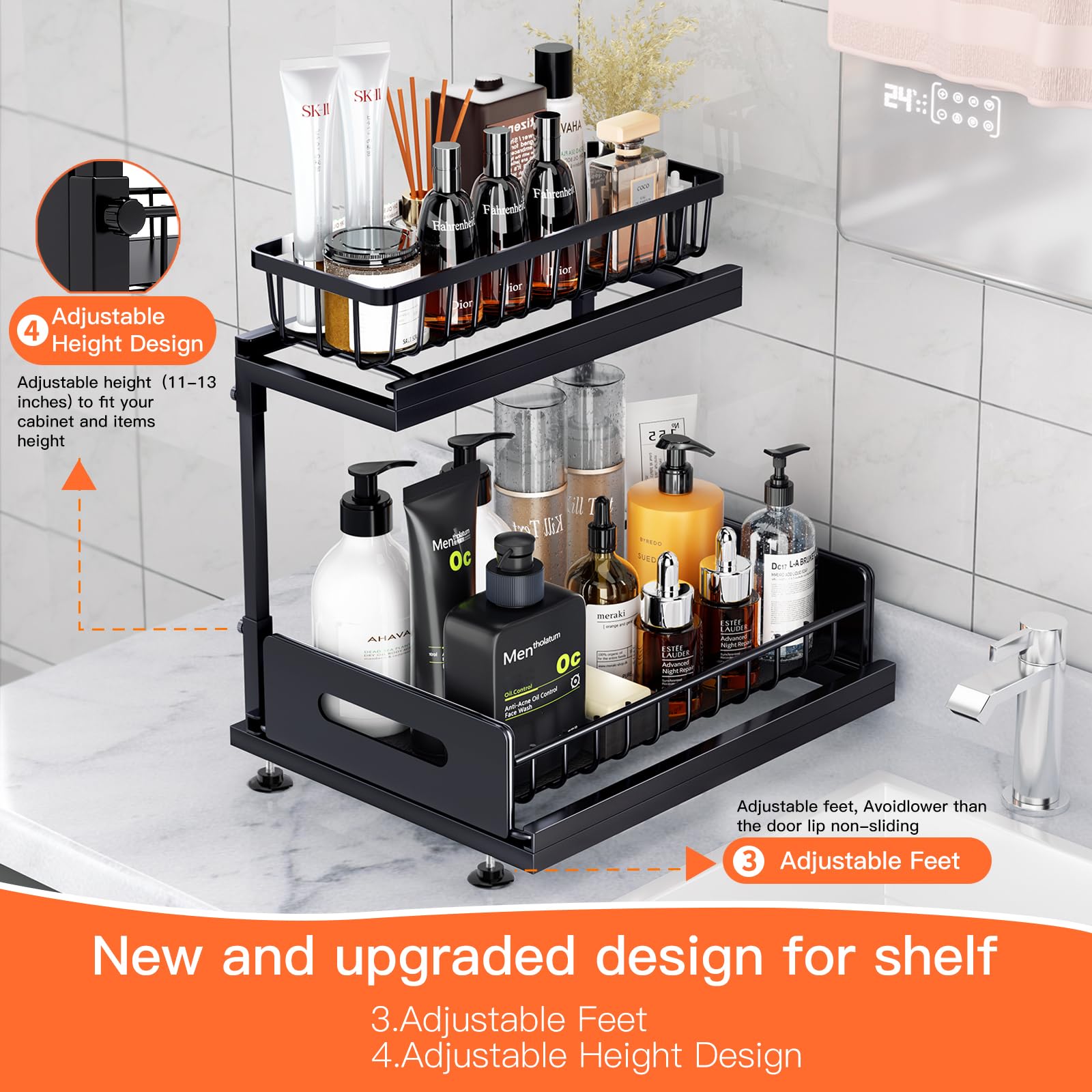 2 Packs Under Sink Organizer, 2 Tier Under Sink Organizers and Storage,Slide Out Pull Out Kitchen Cabinet Organizer,Sliding Drawer Metal Height Adjustable Shelf for Bathroom Organization Rack