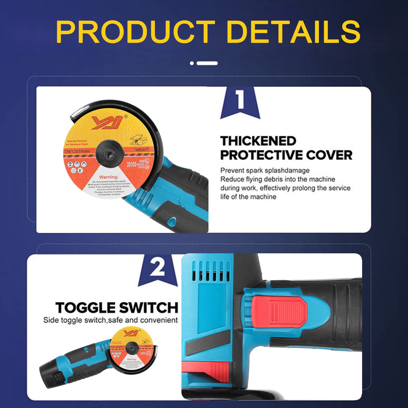Angle Grinder, Geevorks Grinders Power Tools 12 V Handheld Portable Electric Grinder Machine with 2 Cutting Disc/2PCS 1300mAh Battery
