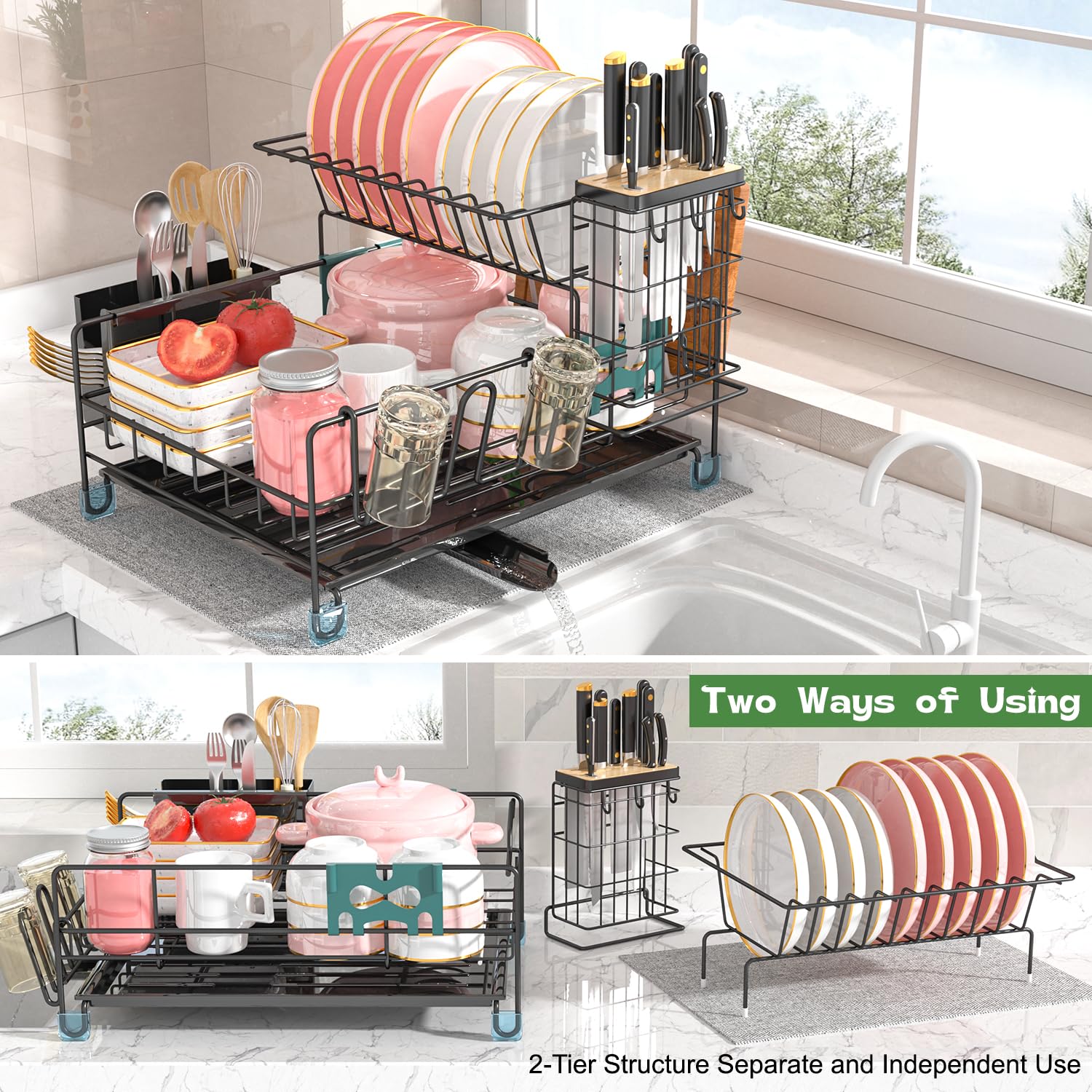 slhsy Dish Drying Rack, Stainless Steel 2-Tier Dish Rack with Cup Holder Utensil Holder Cutting Board Holder Knife Holder with Drainboard Black