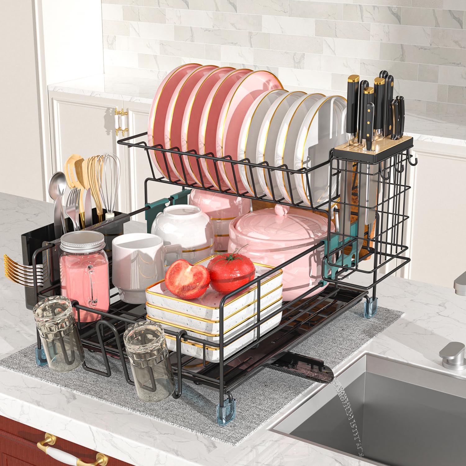 slhsy Dish Drying Rack, Stainless Steel 2-Tier Dish Rack with Cup Holder Utensil Holder Cutting Board Holder Knife Holder with Drainboard Black