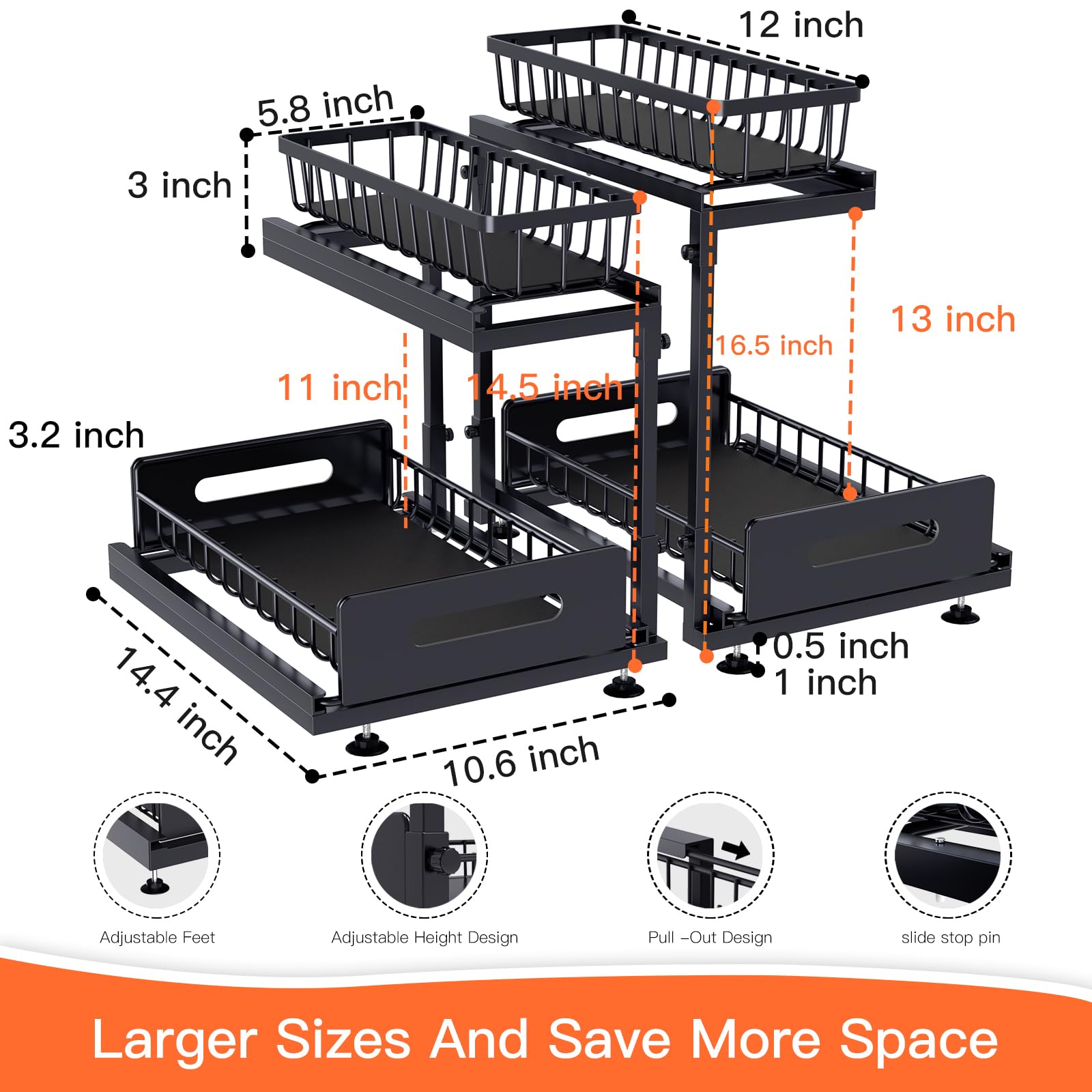 2 Packs Under Sink Organizer, 2 Tier Under Sink Organizers and Storage,Slide Out Pull Out Kitchen Cabinet Organizer,Sliding Drawer Metal Height Adjustable Shelf for Bathroom Organization Rack