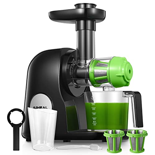 Juicer Machines, Aiheal New Generation Celery Slow Masticating Juicer Extractor Easy to Clean with Brush, Cold Press Juicer with Quiet Motor & Reverse Function for Fruits & Vegetables, Recipes (Elegant Black)