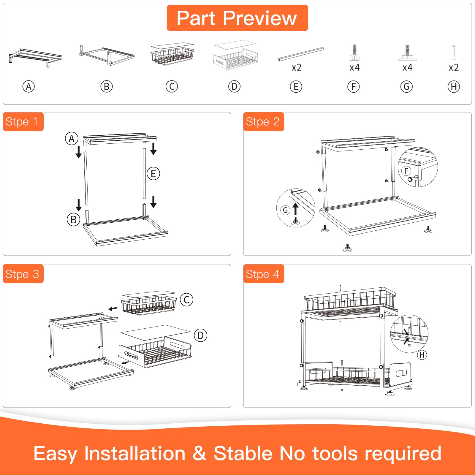 2 Packs Under Sink Organizer, 2 Tier Under Sink Organizers and Storage,Slide Out Pull Out Kitchen Cabinet Organizer,Sliding Drawer Metal Height Adjustable Shelf for Bathroom Organization Rack