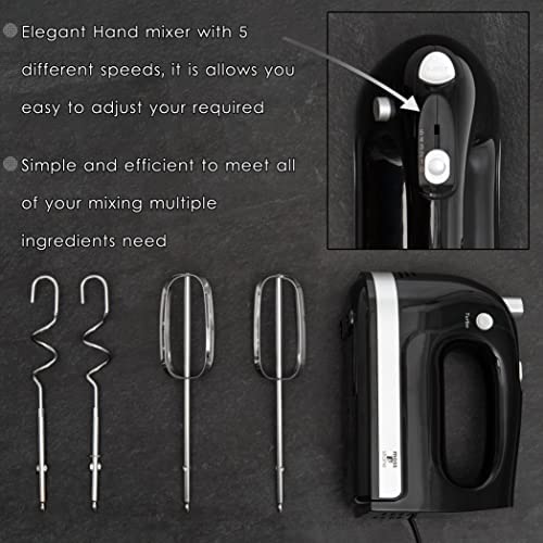 Moss & Stone Hand Mixer With Snap-On Storage Case, 5 Speed Hand Mixer Electric, 250W Power handheld Mixer for Baking Cake Egg Cream Food Beater,+ 4 Stainless Steel Accessories (Black)