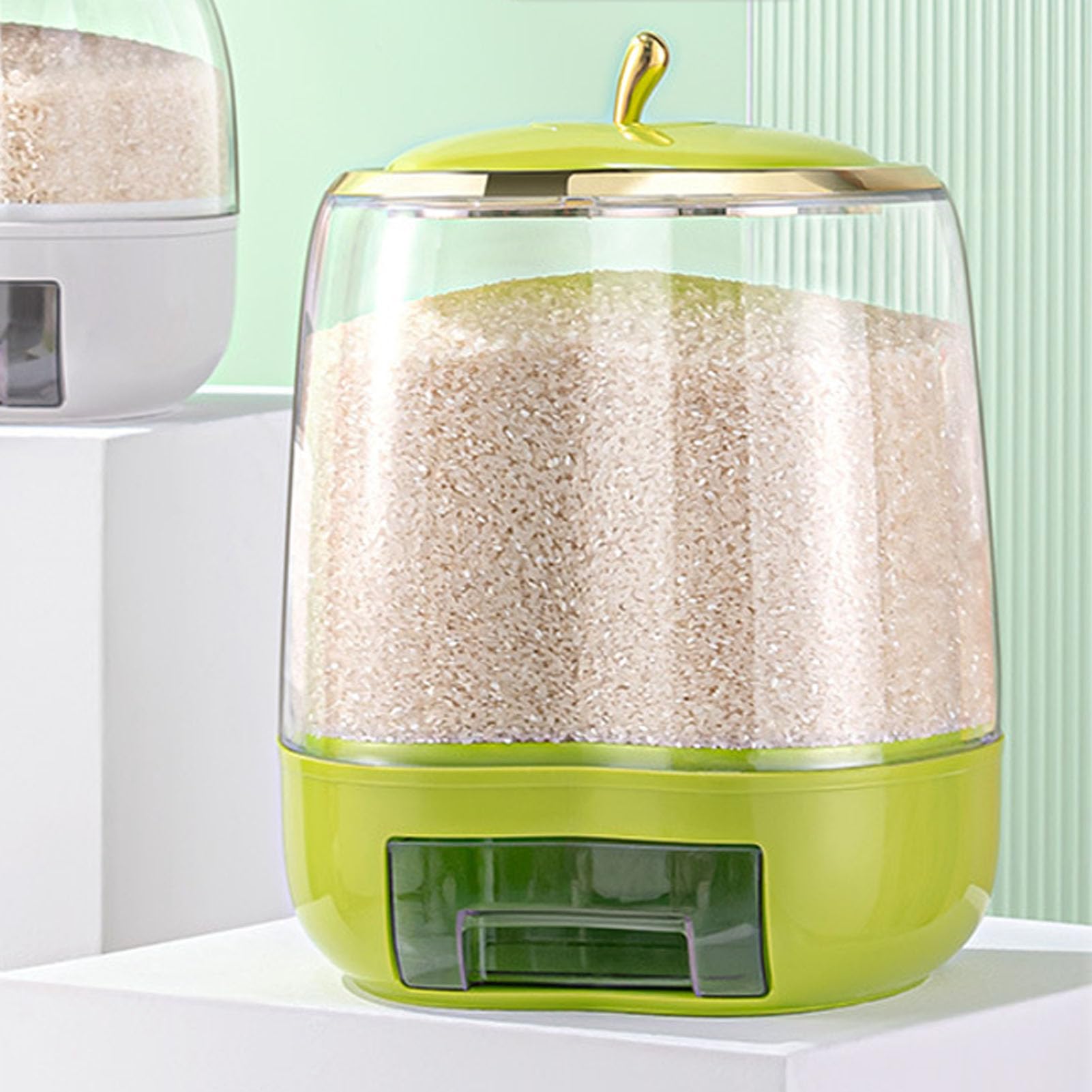 Kitchen Rice Container, 10KG Capacity Food Rice Storage Box, Rice Dispenser Bin Household Cereal Dispenser Bucket for Home Kitchen (Green)