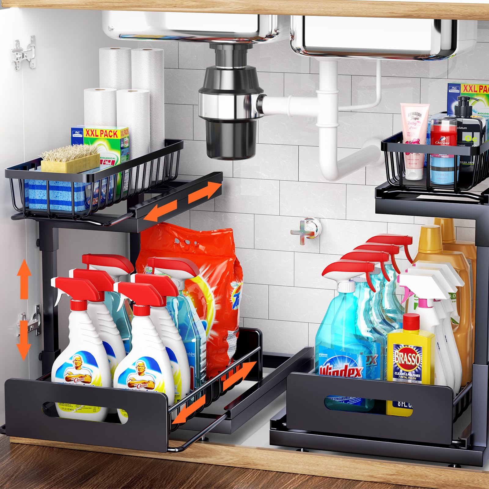 2 Packs Under Sink Organizer, 2 Tier Under Sink Organizers and Storage,Slide Out Pull Out Kitchen Cabinet Organizer,Sliding Drawer Metal Height Adjustable Shelf for Bathroom Organization Rack