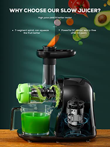 Juicer Machines, Aiheal New Generation Celery Slow Masticating Juicer Extractor Easy to Clean with Brush, Cold Press Juicer with Quiet Motor & Reverse Function for Fruits & Vegetables, Recipes (Elegant Black)