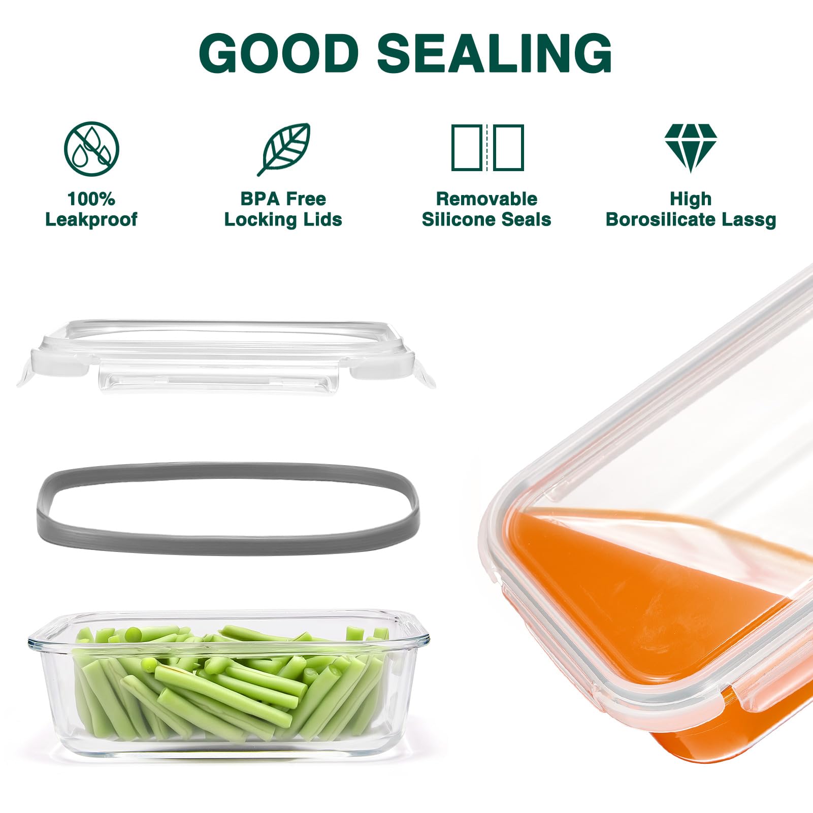 Glotoch 10 Pack Glass Food Storage Containers with Lids Reusable, Ultra Thick Borosilicate Glass Containers for Meal Prep/Lunch, Dishwasher/Microwave/Oven/Freezer Safe, Grey