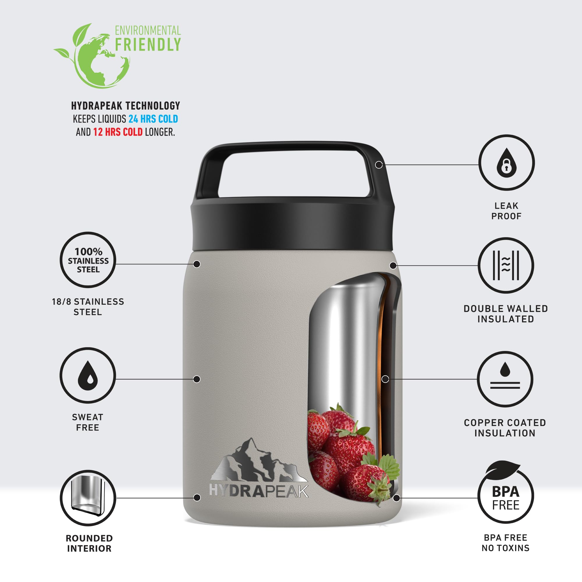 Hydrapeak 18 oz Insulated Food Thermos Hot and Cold, Soup, Vacuum Insulated Jar, Stainless Steel, for Office, Outdoor (Stone)