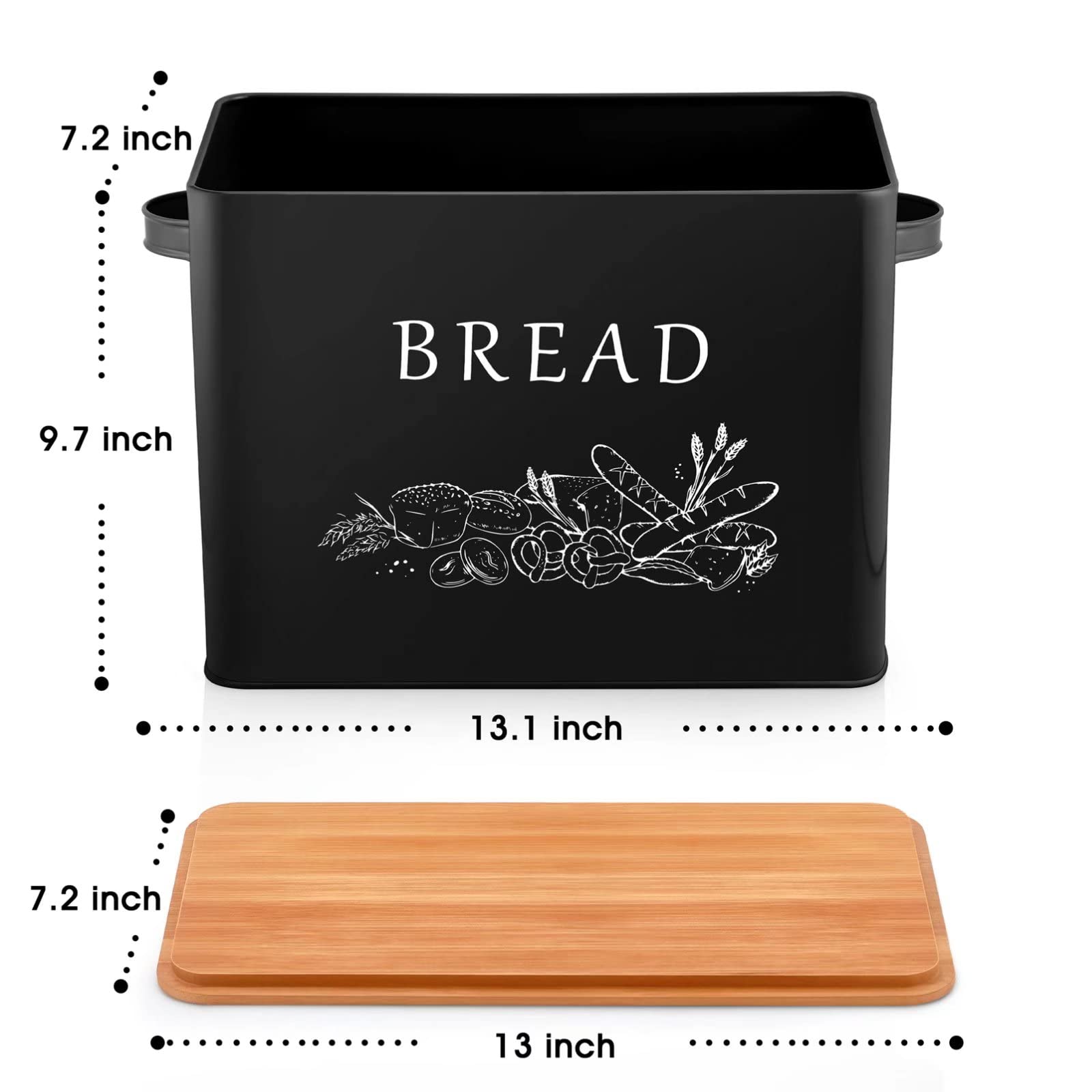 TeamFar Bread Box with Wooden Lid, 13.1β x 7.2β x 9.7β Metal Bread Container Storage Holder for Family Farmhouse Kitchen Countertop, Powder-Coated & Healthy, Large Capacity & Classic Pattern (Black)
