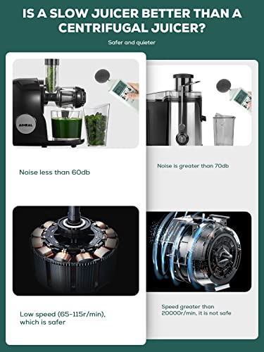 Juicer Machines, Aiheal New Generation Celery Slow Masticating Juicer Extractor Easy to Clean with Brush, Cold Press Juicer with Quiet Motor & Reverse Function for Fruits & Vegetables, Recipes (Elegant Black)