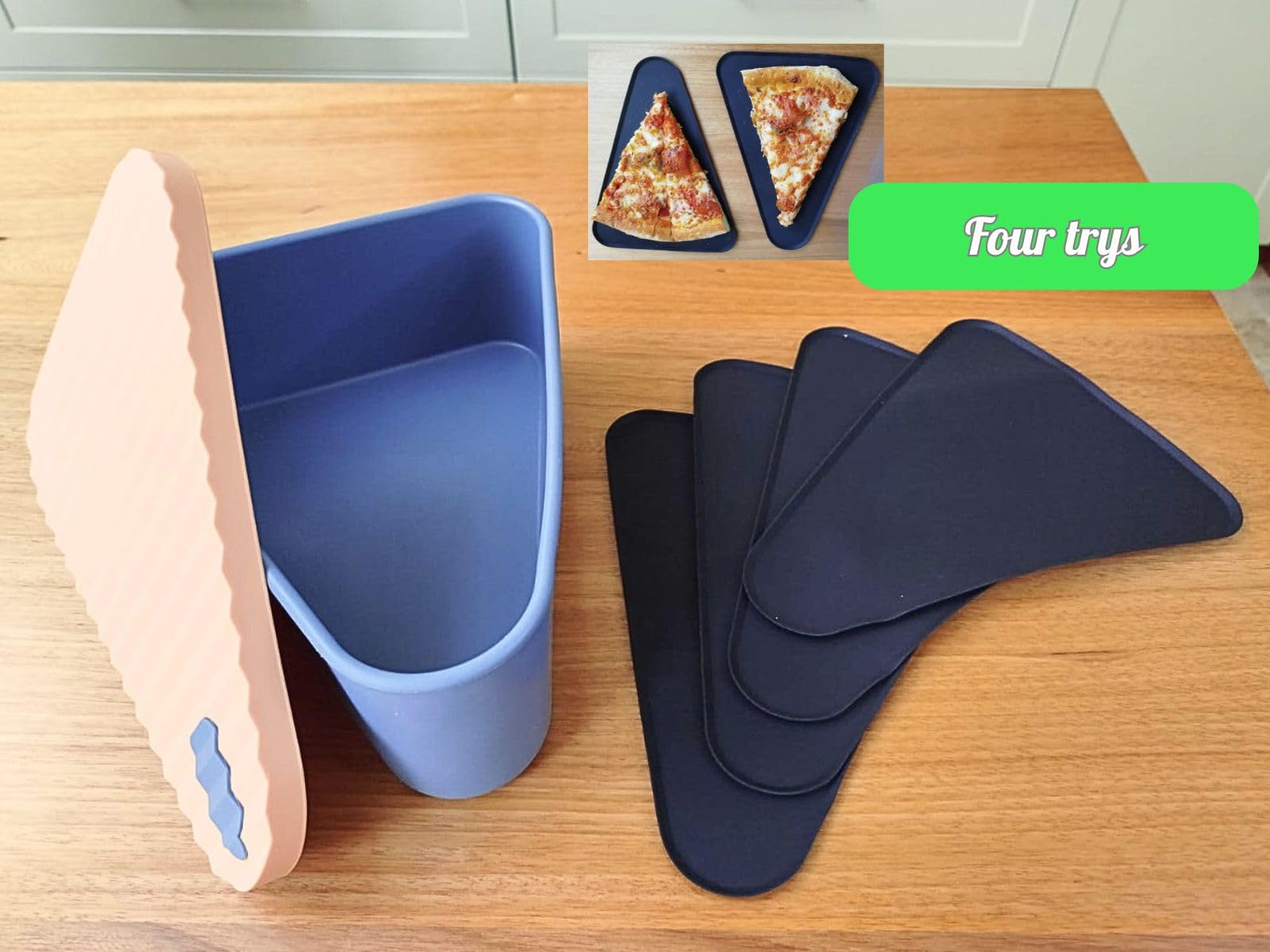 Pizza Storage Container (Big Size), Reusable Pizza and Food Silicone Storage Container, with 4 trays – Useful, Stackable Microwaveable Slice Box. Triangle shape. BPA Free (Colour Blue and Pink)