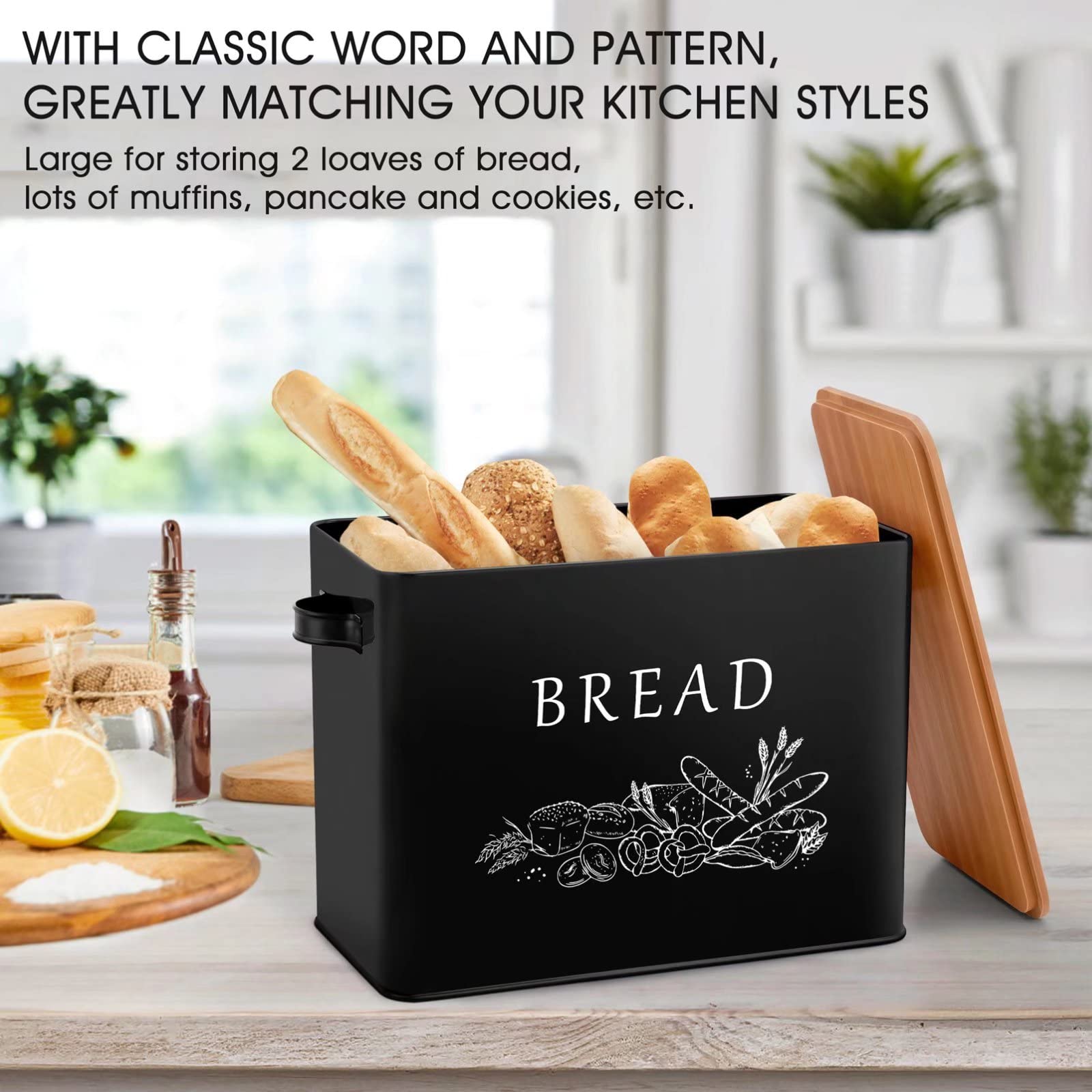 TeamFar Bread Box with Wooden Lid, 13.1β x 7.2β x 9.7β Metal Bread Container Storage Holder for Family Farmhouse Kitchen Countertop, Powder-Coated & Healthy, Large Capacity & Classic Pattern (Black)