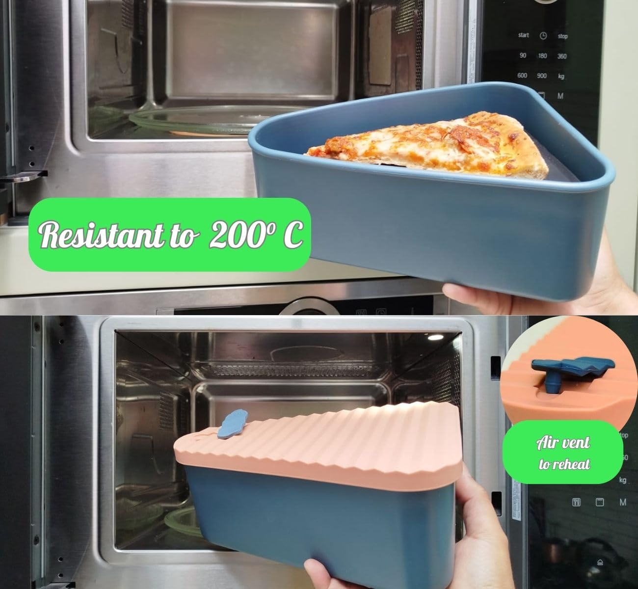 Pizza Storage Container (Big Size), Reusable Pizza and Food Silicone Storage Container, with 4 trays – Useful, Stackable Microwaveable Slice Box. Triangle shape. BPA Free (Colour Blue and Pink)