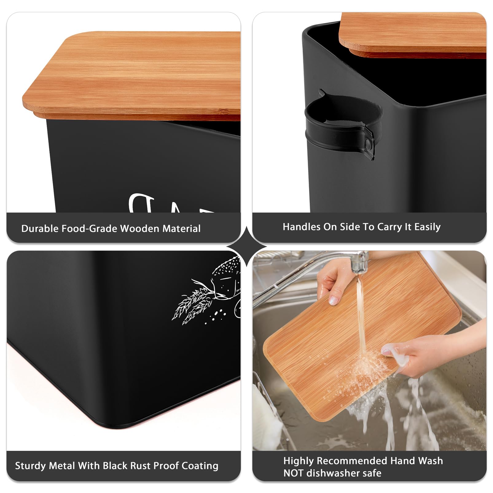 TeamFar Bread Box with Wooden Lid, 13.1β x 7.2β x 9.7β Metal Bread Container Storage Holder for Family Farmhouse Kitchen Countertop, Powder-Coated & Healthy, Large Capacity & Classic Pattern (Black)