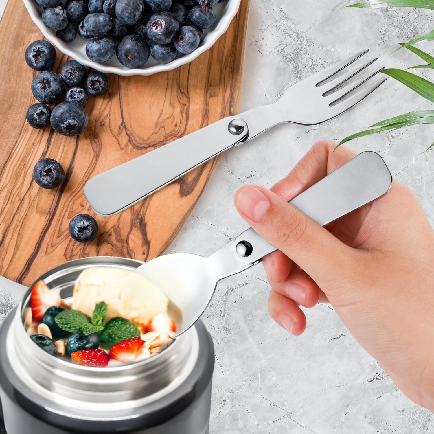 BOXOB 2pcs Folding Spoon & 2pcs Foldable Forks for Thermos Funtainer 10oz Food Jars, Portable Replacement Stainless Steel Spoons Forks for Travel Camping Picnic Outdoor Activities