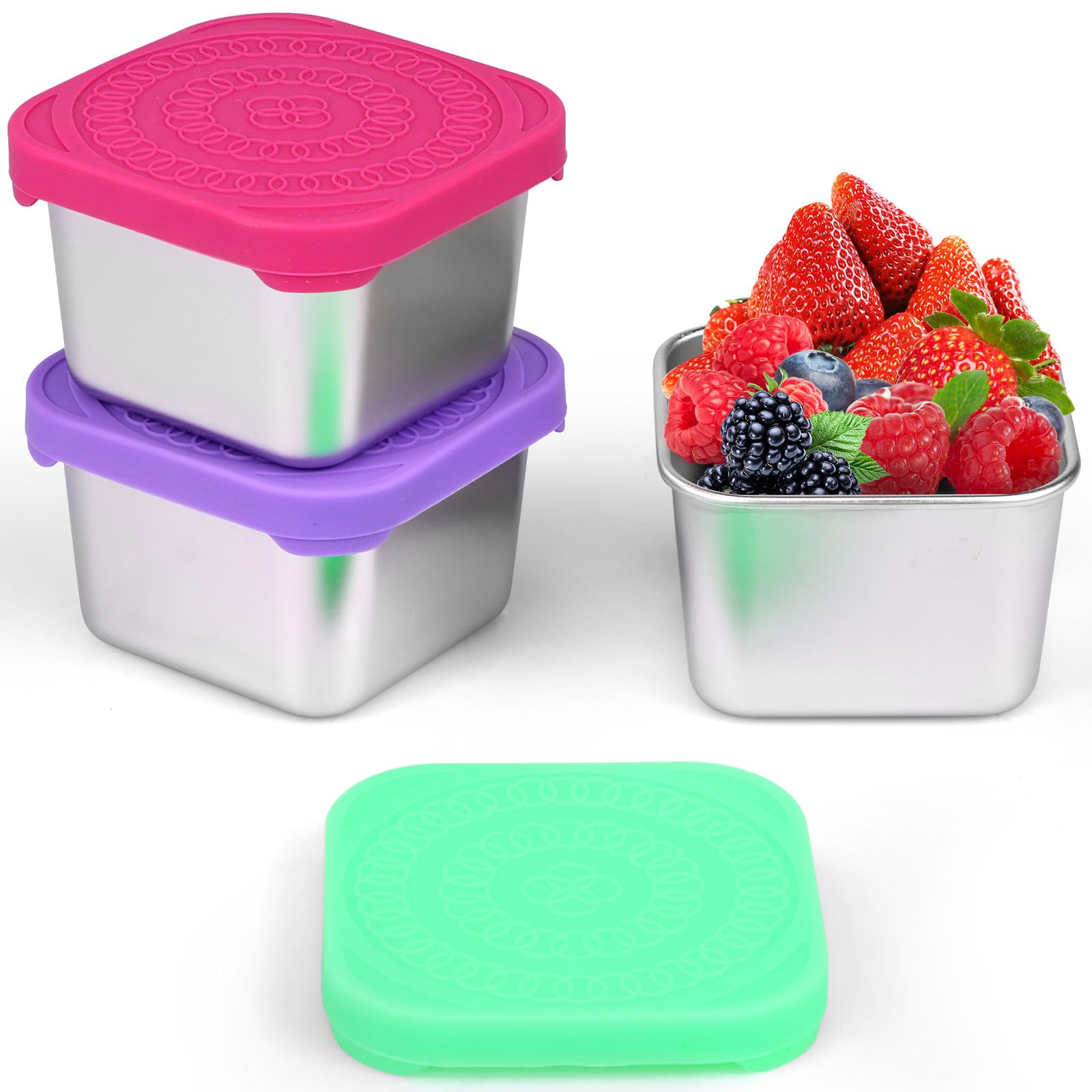 3Pack Stainless Steel Snack Containers 6oz Snack Box Container Leakproof Stainless Steel Snack Cups with Silicone Lids Portable Snack Containers Stackable Freezer Dishwasher Safe for Daycare School