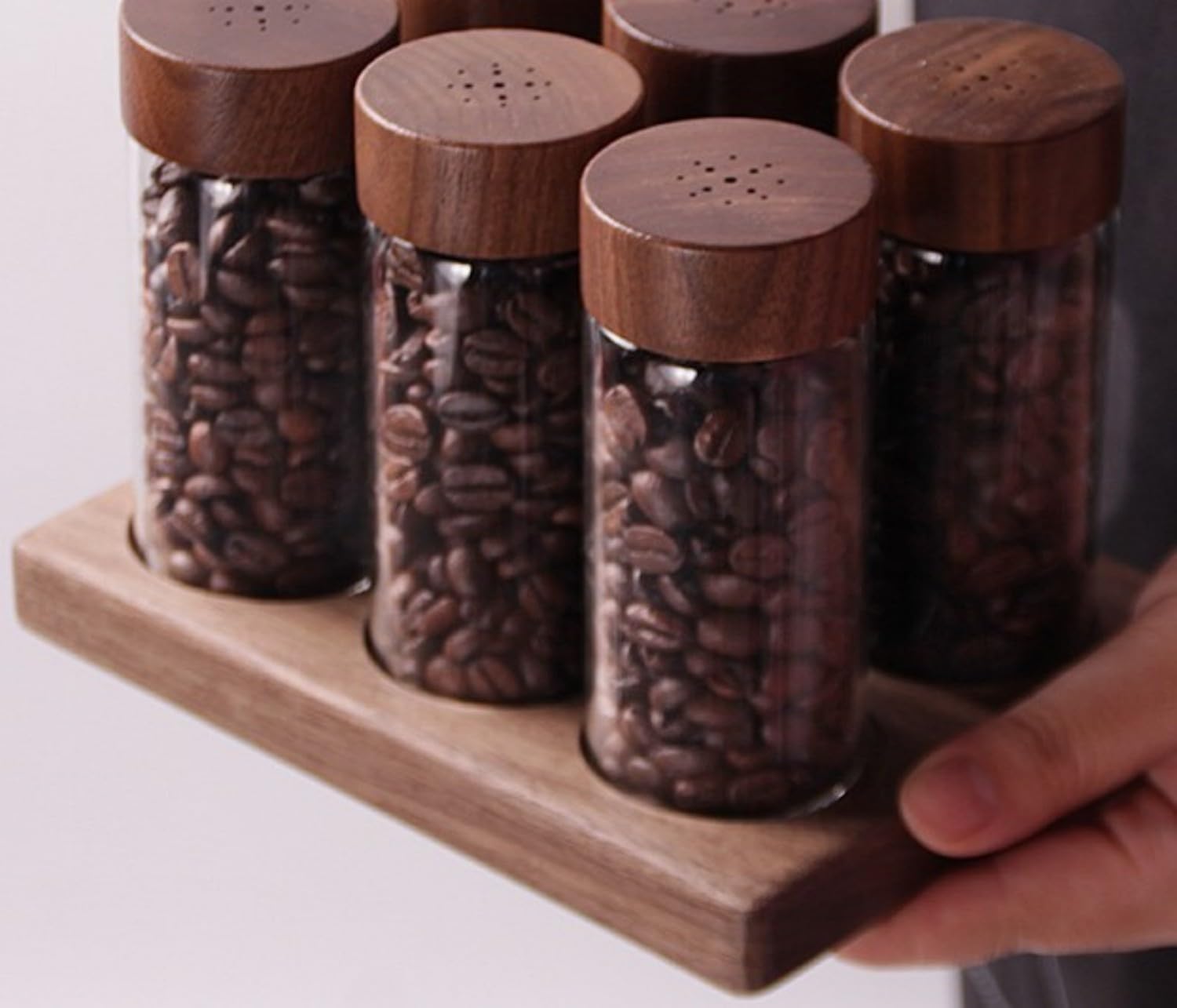 Ulimitada Coffee Bean Storage Tubes, 6 Tubes Single Dose Coffee Bean Container Cellar with Wooden Stand and 35-40g Glass Vials