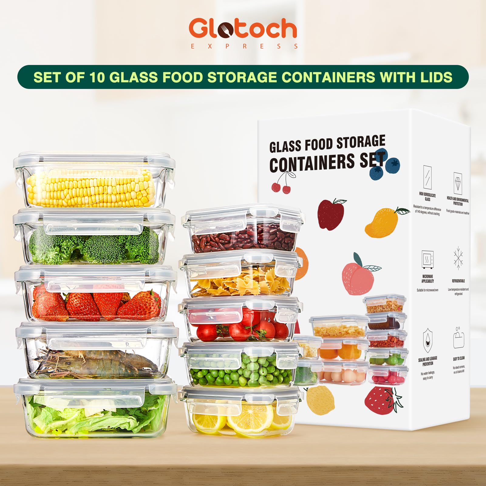 Glotoch 10 Pack Glass Food Storage Containers with Lids Reusable, Ultra Thick Borosilicate Glass Containers for Meal Prep/Lunch, Dishwasher/Microwave/Oven/Freezer Safe, Grey