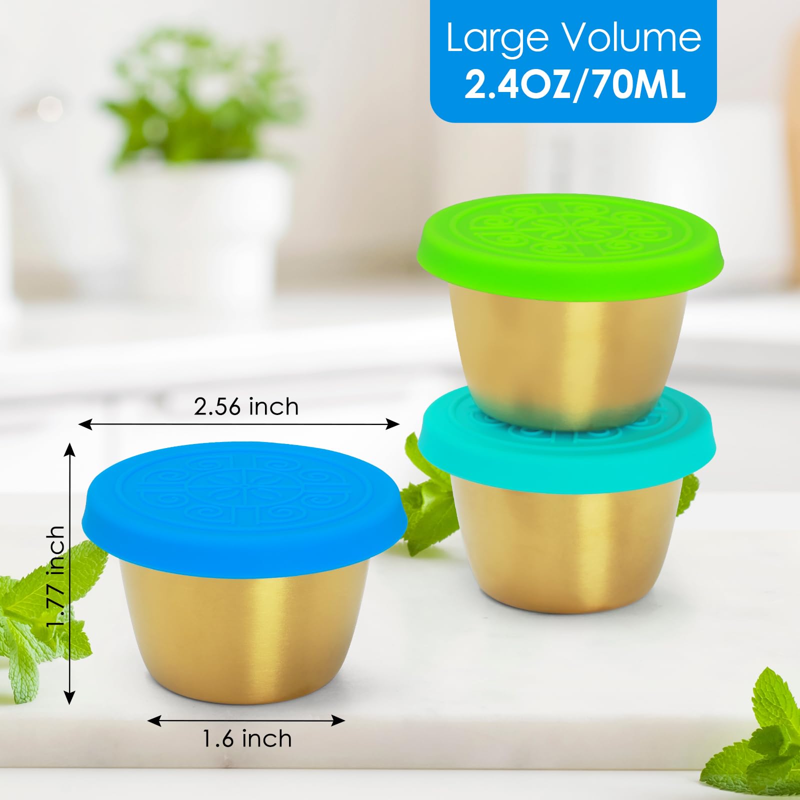 GuDoQi 8 Pack Salad Dressing Container To Go, 2.4oz Small Condiment Containers with Leakproof Silicone Lids, Gold Stainless Steel Reusable Sauce Cups for Lunch Bento Box, Picnic and Travel