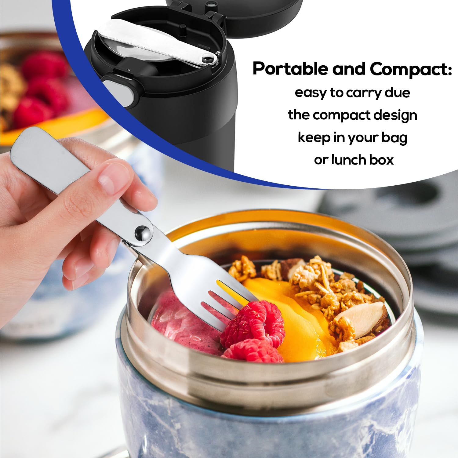 BOXOB 2pcs Folding Spoon & 2pcs Foldable Forks for Thermos Funtainer 10oz Food Jars, Portable Replacement Stainless Steel Spoons Forks for Travel Camping Picnic Outdoor Activities