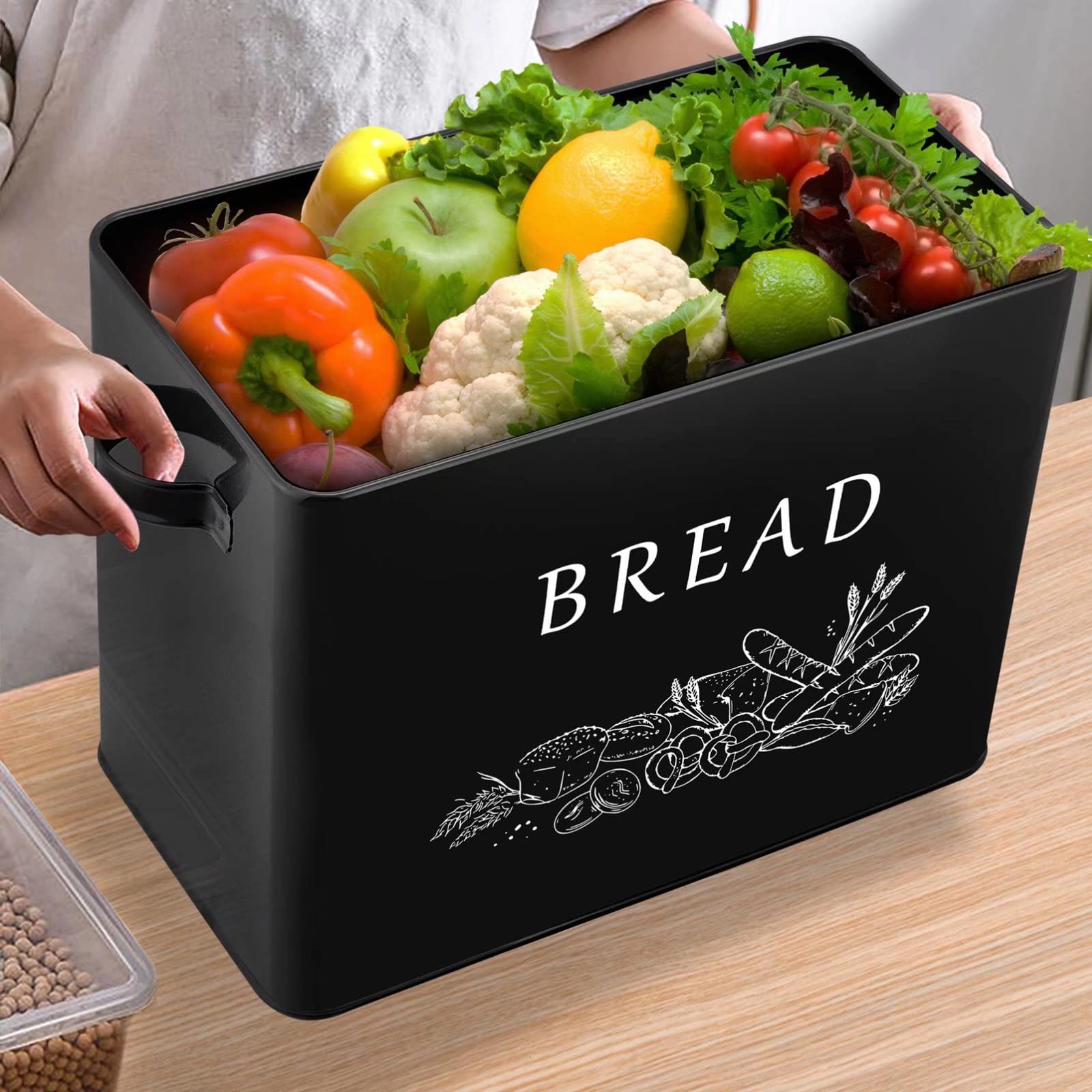 TeamFar Bread Box with Wooden Lid, 13.1β x 7.2β x 9.7β Metal Bread Container Storage Holder for Family Farmhouse Kitchen Countertop, Powder-Coated & Healthy, Large Capacity & Classic Pattern (Black)