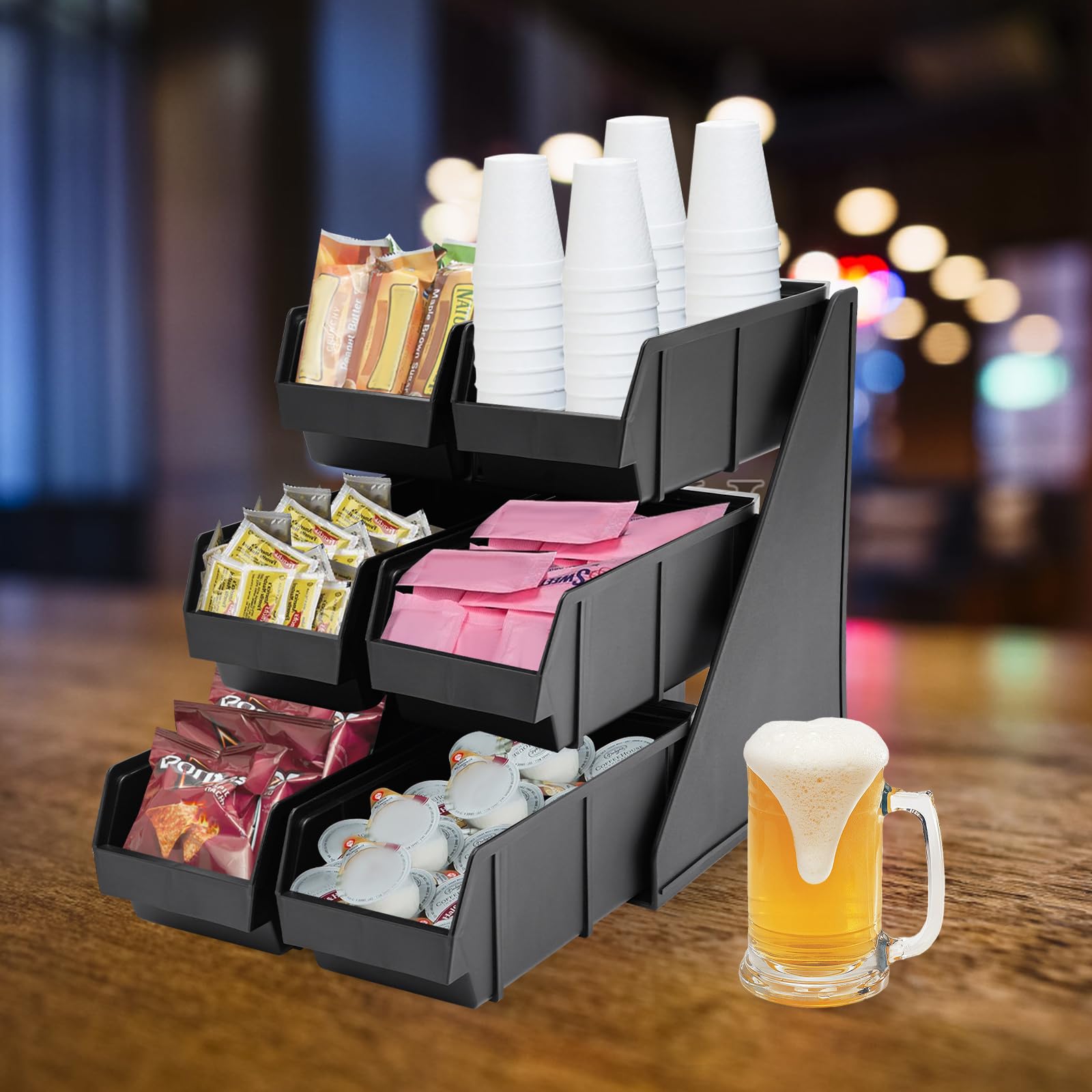 Condiment Serving Container, Self Serve Condiment Bin Stand Set, Plastic Containers Storage Bins for Closet, Kitchen, Office, or Pantry Organization