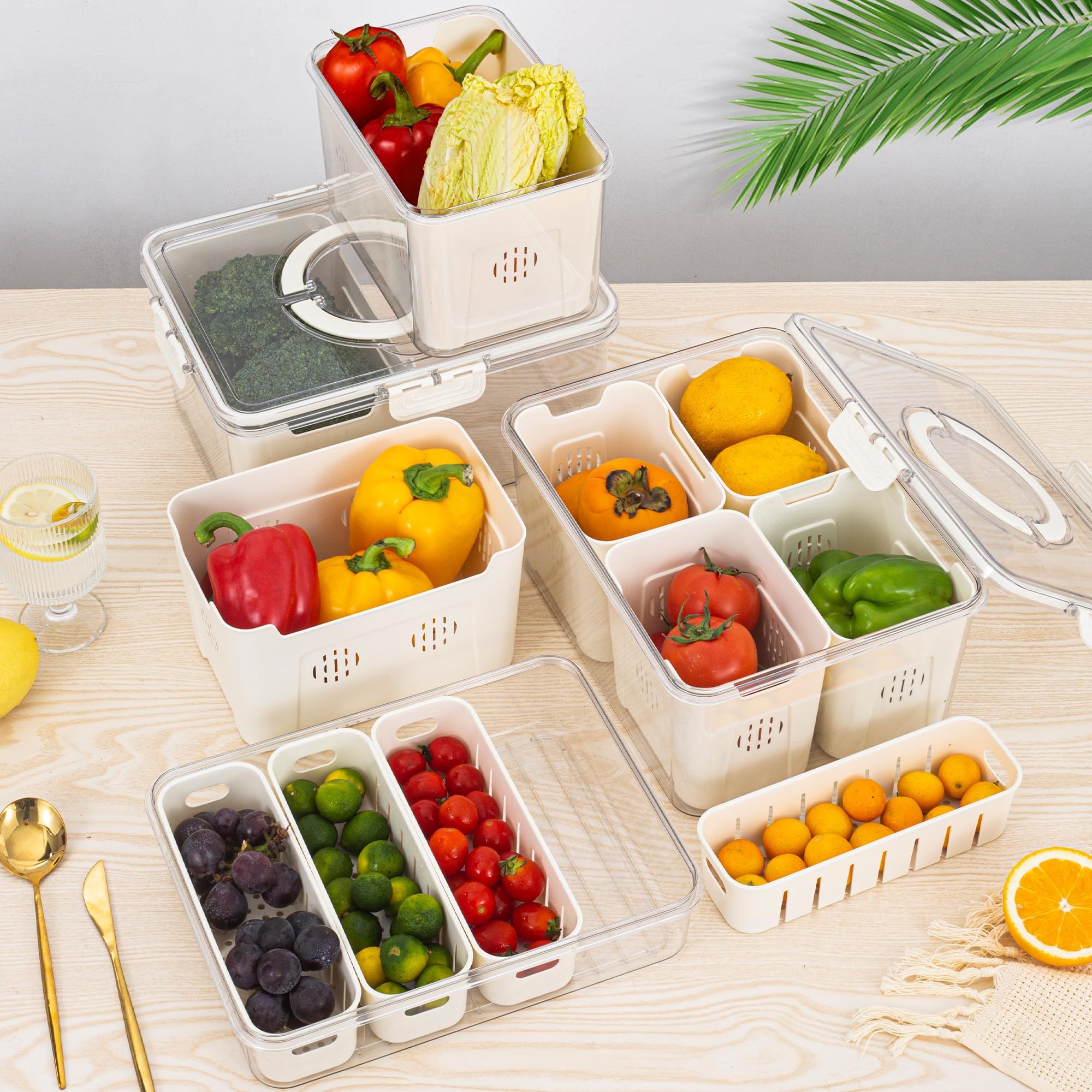 Dingerjar Airtight Fruit Storage Containers for Fridge with Lids & Handle, Refrigerator Organizer Bins, with 4 Removable Colanders, Food, Vegetable Fresh Produce Saver