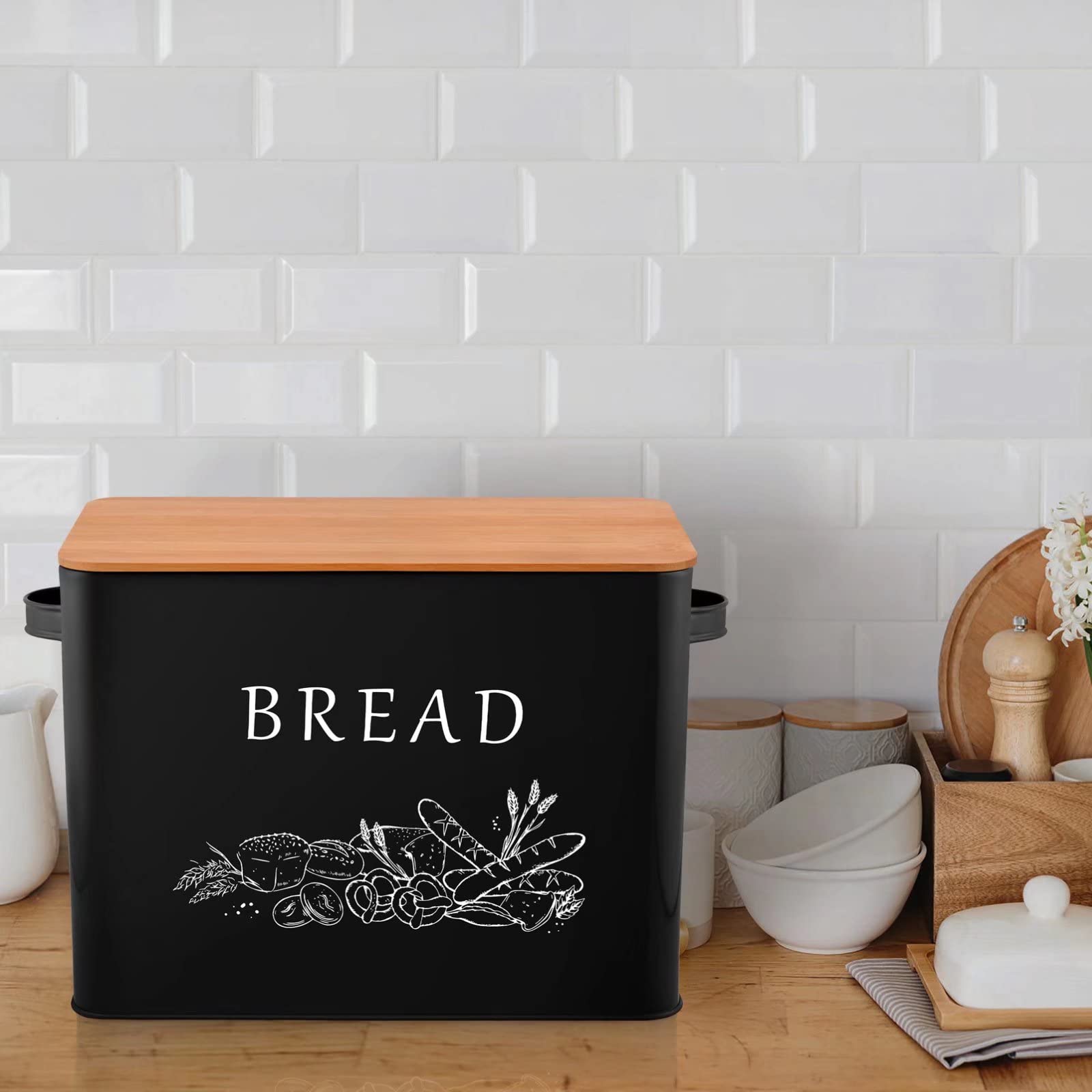 TeamFar Bread Box with Wooden Lid, 13.1β x 7.2β x 9.7β Metal Bread Container Storage Holder for Family Farmhouse Kitchen Countertop, Powder-Coated & Healthy, Large Capacity & Classic Pattern (Black)