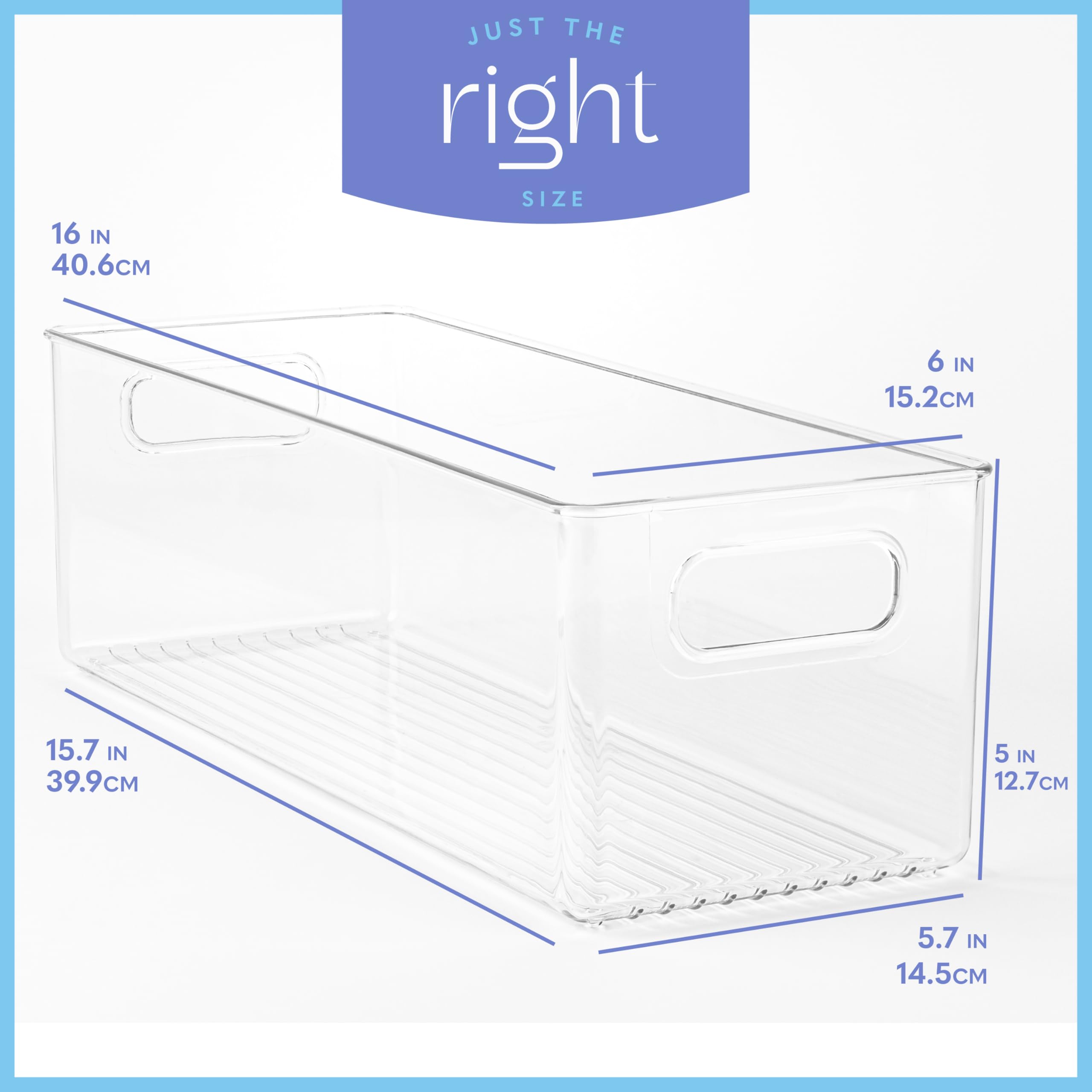 Plastic Food Storage 2 Pack Clear Container Bin with Handles for Organizing Kitchen, Pantry, Refrigerator, Freezer, Pantry, Cabinet, Closet, Bathroom. 16”x6”x5”