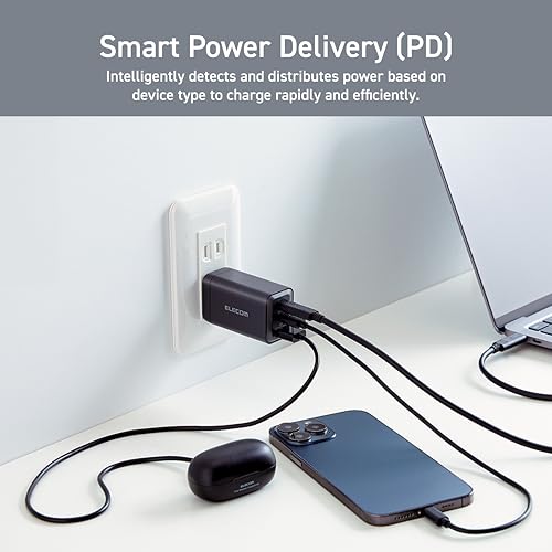 ELECOM 65W USB C Wall Charger Block, 3 Multi Port GaN II Plus Fast Charging, Compact Power Adapter for Multiple Devices, iPhone, Laptop, Tablet, iPad, Airpods, Watch, Speakers, Samsung (Black)