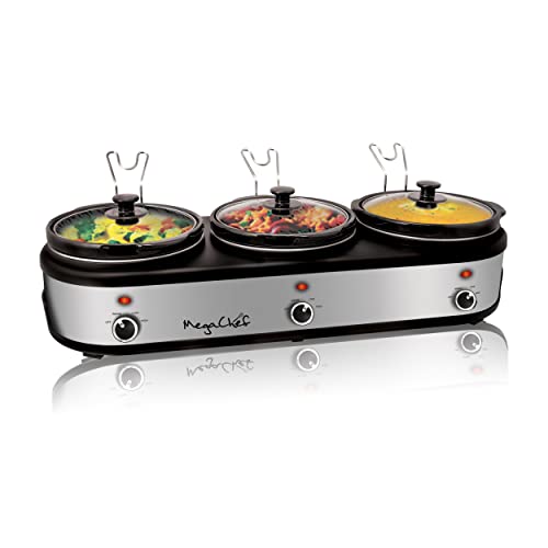 MegaChef Warmer Elite 2.5 Quart Slow Cooker and Buffet Server in Brushed Silver and Black Finish with 3 Ceramic Cooking Pots and Removable Lid Rests