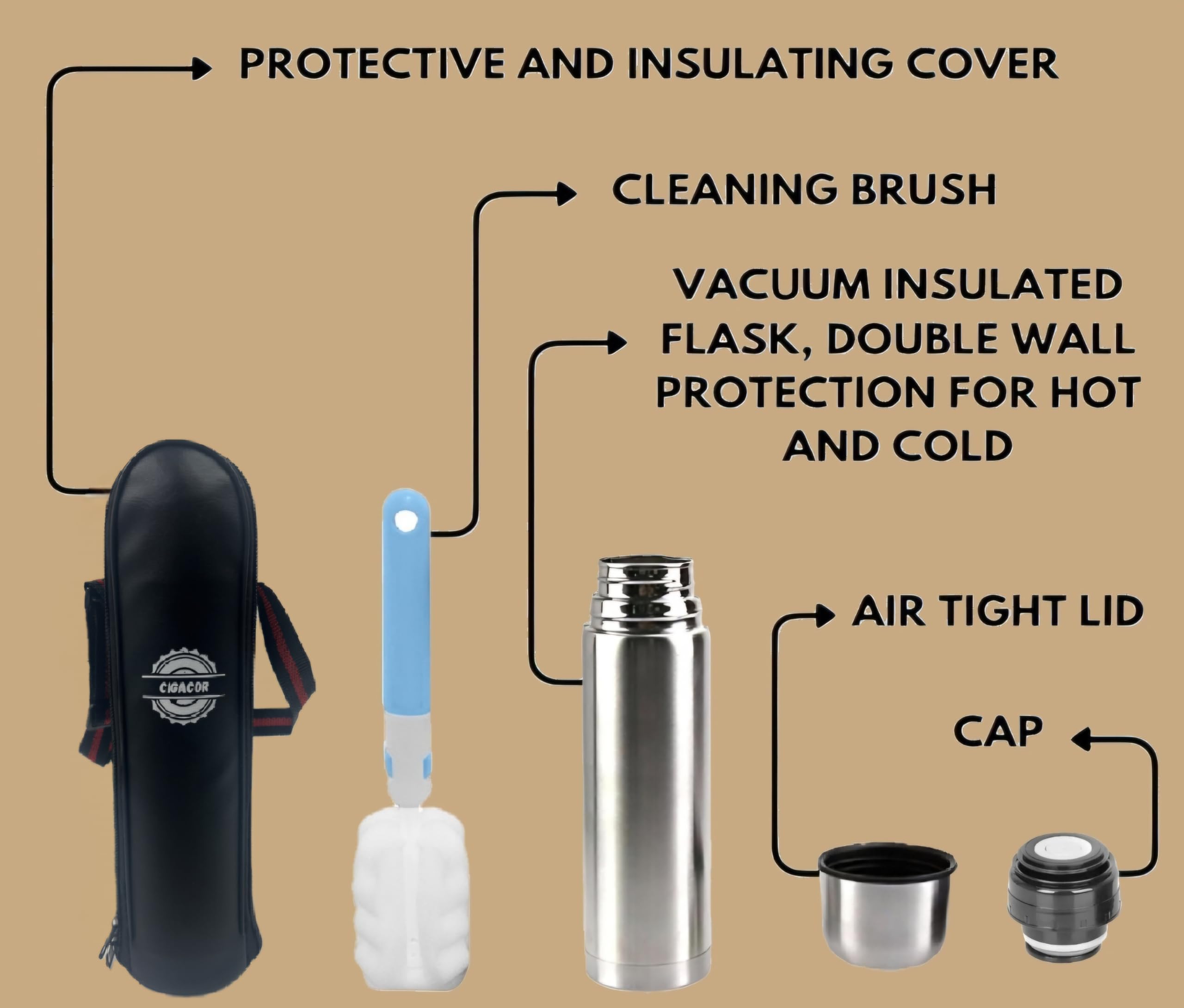 CIGACOR Stainless Steel Thermal Bottle – 17oz Coffee Thermos – Keeps Drinks Hot for 12H / Cold for 24H – Leakproof Lid – Compact & Portable for Car, Office, Gym & Travel – Double Wall Insulated