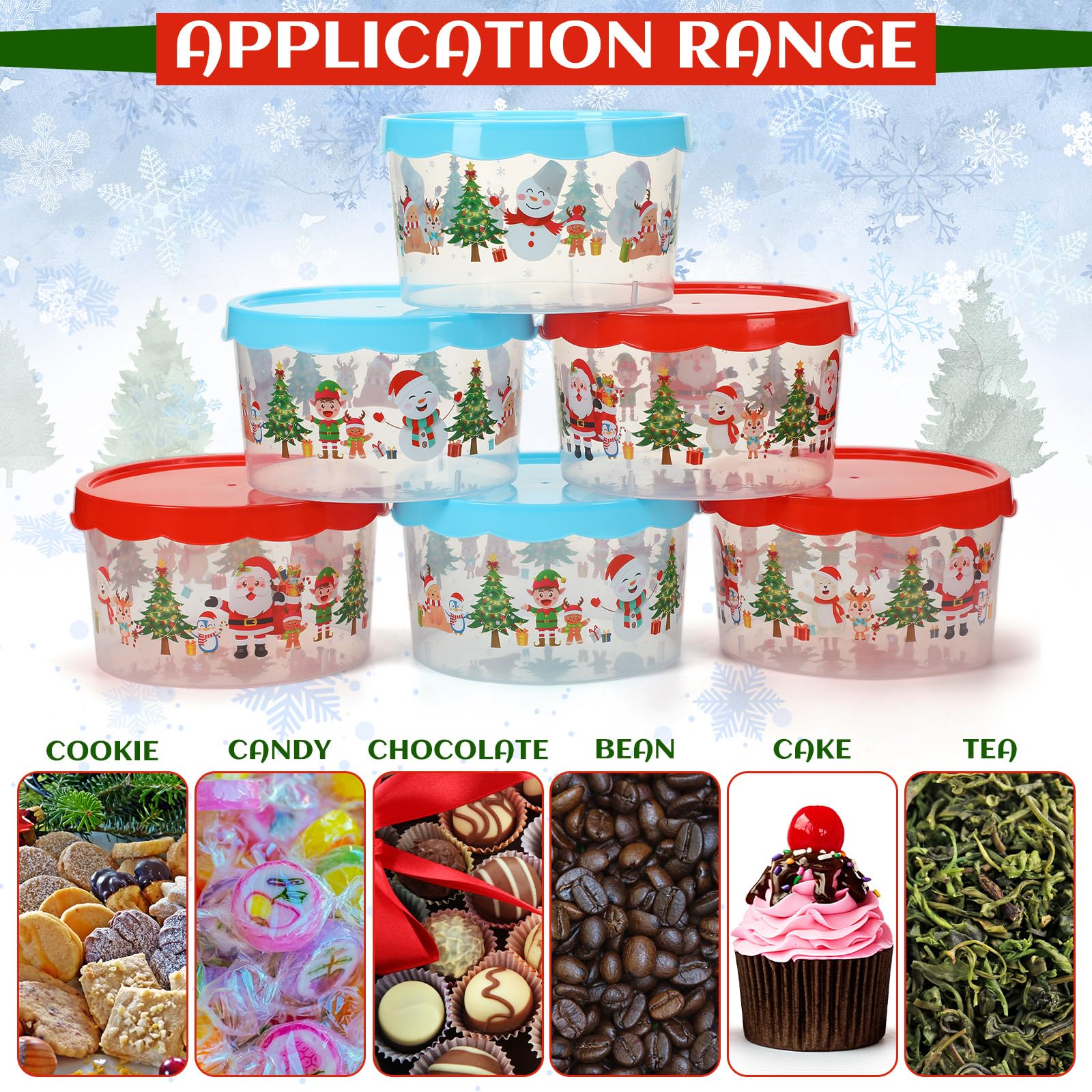 Sliner 6 Pcs Christmas Cookie Containers Holiday Plastic Cookie Storage Buckets with Lids Santa Claus Snowman Cookie Containers Red and Blue Reusable box for Holiday Candy Snacks