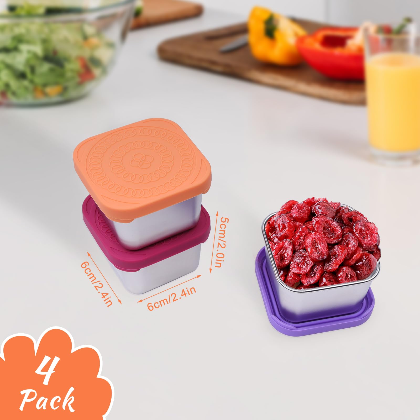 ZHAO Stainless Steel Snack Containers with Silicone Lids Small Metal Food Storage Containers Lunch Snack Condiment Sauce Storage Set for Travel, Picnic, Office (4)