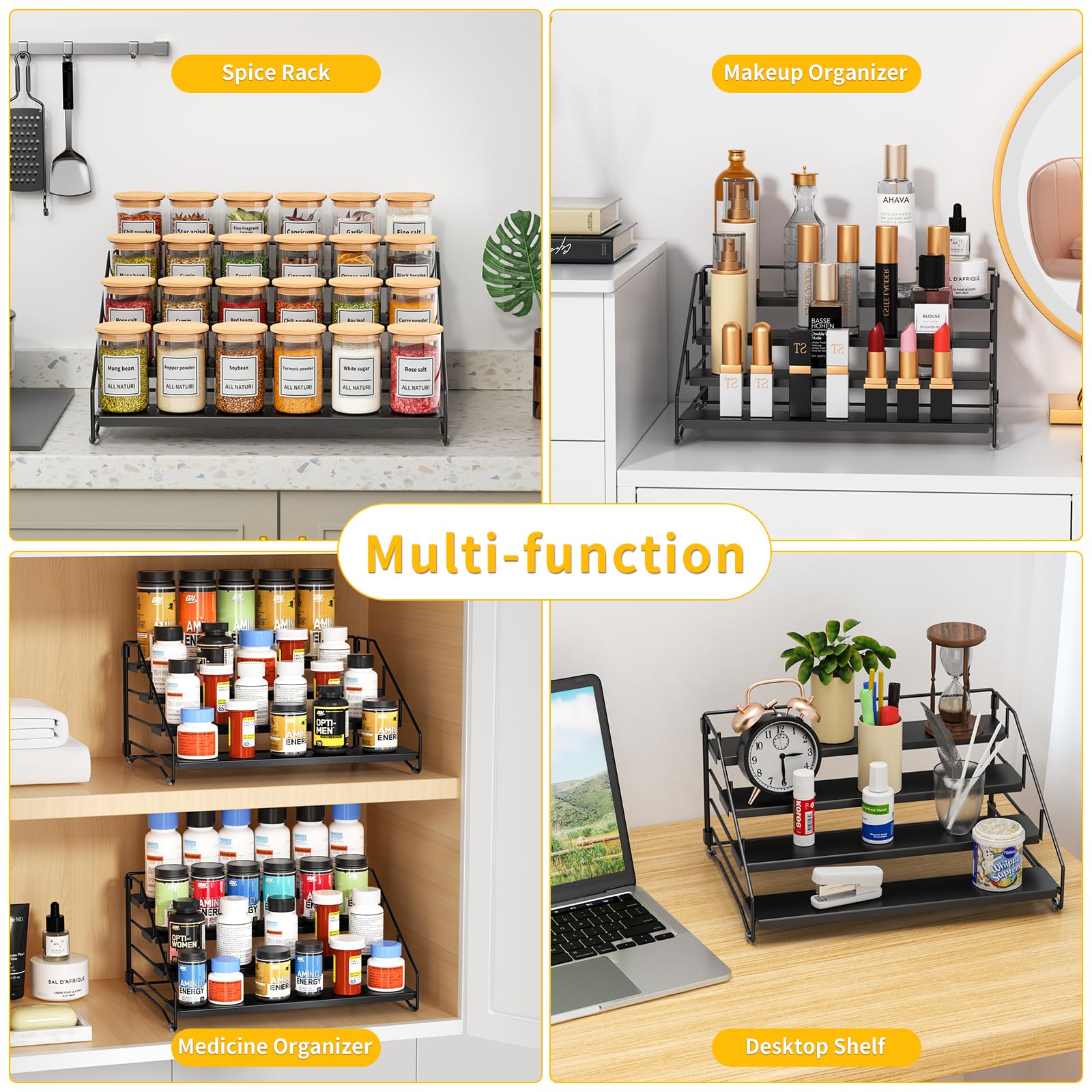 RCHYFEED Spice Rack Organizer for Cabinet Pantry,4 Tier Countertop Spice Rack,Step Spice Organization Easy Visibility,Tierd Depth Expandable Seasoning Shelf for Cabinet Organizer (Black, 1Pack)