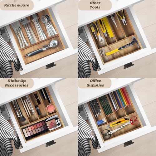 KITEISCAT Acacia Wood Silverware Organizer, Kitchen Utensil Drawer Organizer for Forks, Knives & Spoons, 5-Compartment Cutlery Tray, Flatware Holder