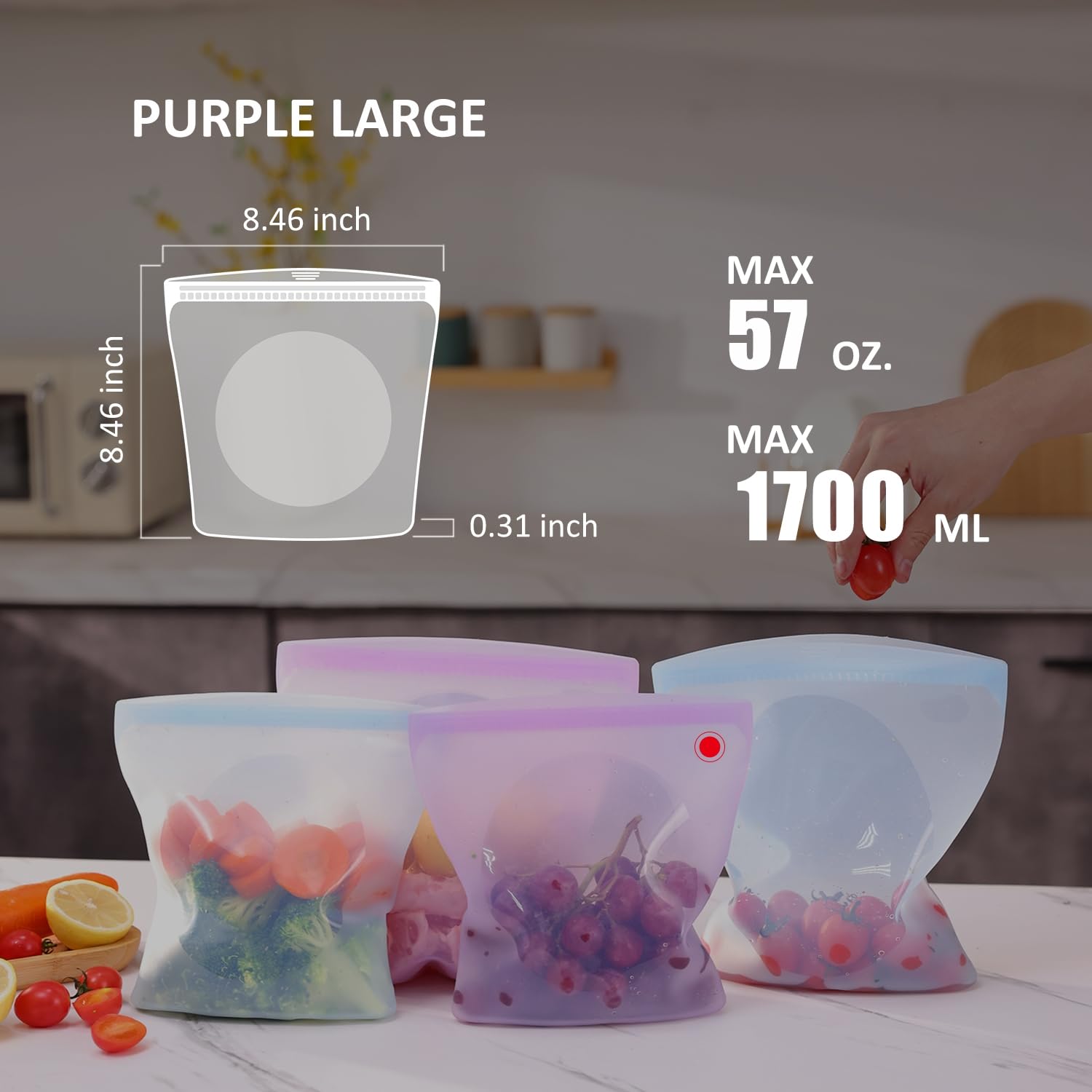 Jovilife Reusable Silicone Storage Bag Double Sealed Leakproof Food Storage Bag BPA Free 1700ml Silicone Food Storage Container Microwave and Dishwasher Safe(PURPLE)