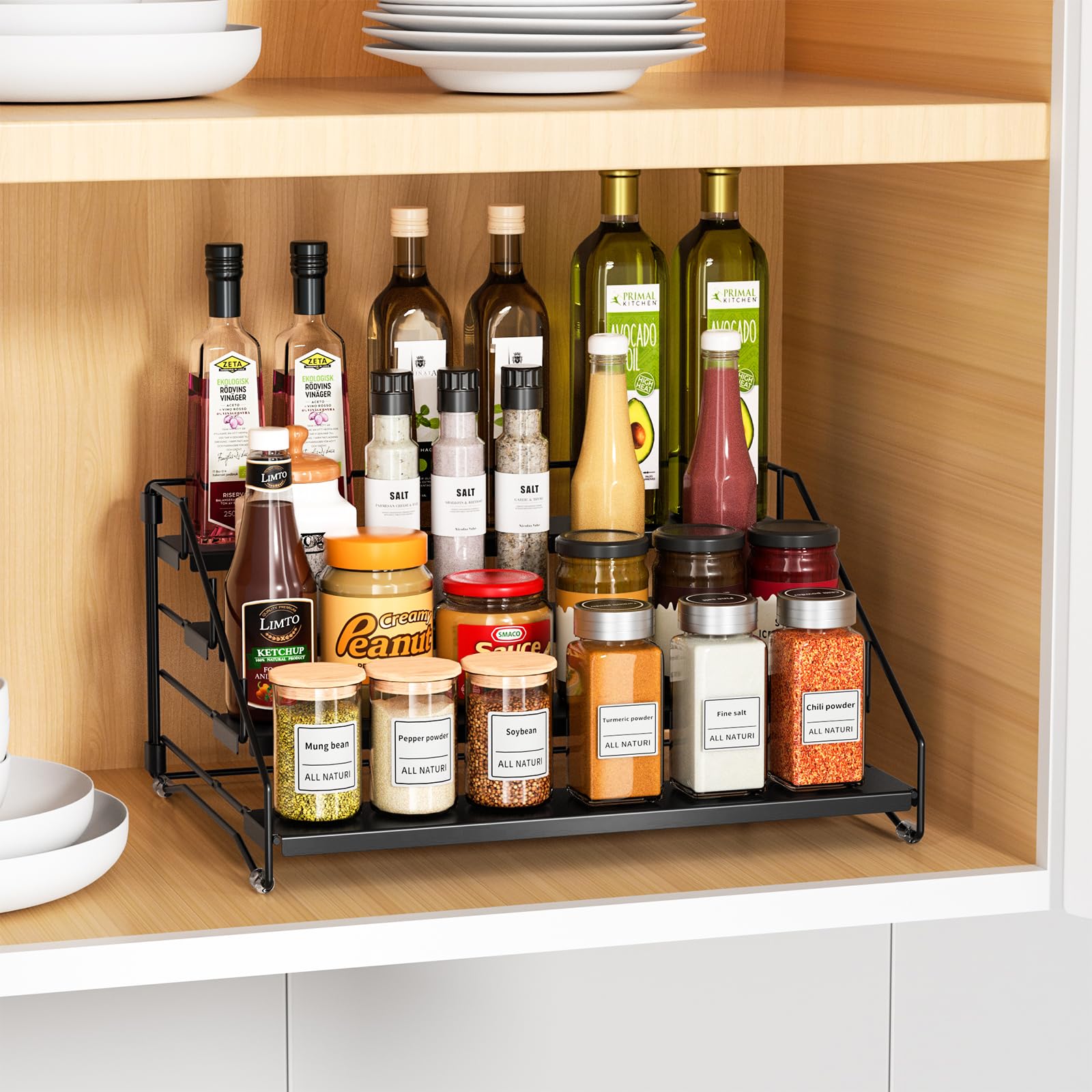 RCHYFEED Spice Rack Organizer for Cabinet Pantry,4 Tier Countertop Spice Rack,Step Spice Organization Easy Visibility,Tierd Depth Expandable Seasoning Shelf for Cabinet Organizer (Black, 1Pack)