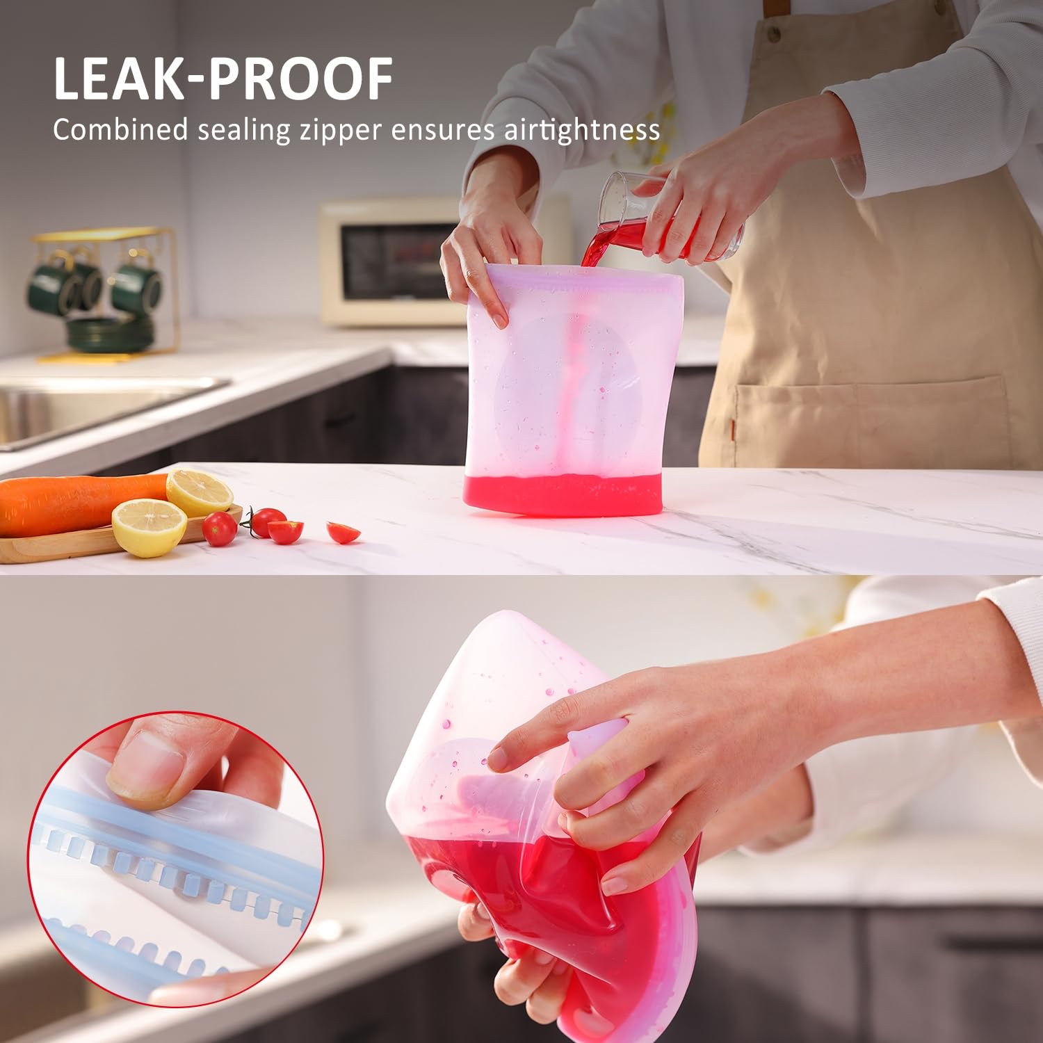 Jovilife Reusable Silicone Storage Bag Double Sealed Leakproof Food Storage Bag BPA Free 1700ml Silicone Food Storage Container Microwave and Dishwasher Safe(PURPLE)