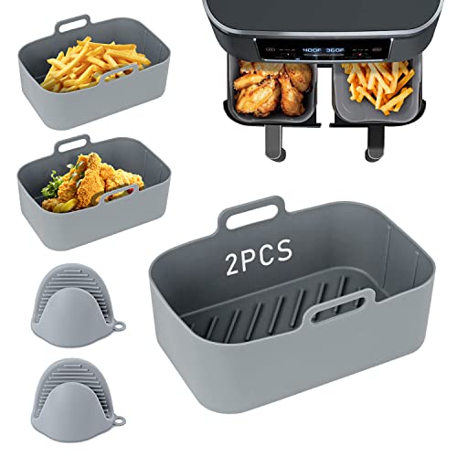2PCS Air Fryer Silicone Pot - Silicone Air Fryer Reusable Liners for 8QT Ninja Foodi DZ201 DZ401 8QT, Food Safe Air Fryer Silicone Basket, Easy Cleaning Air Fryer Pan with Heat-proof Gloves