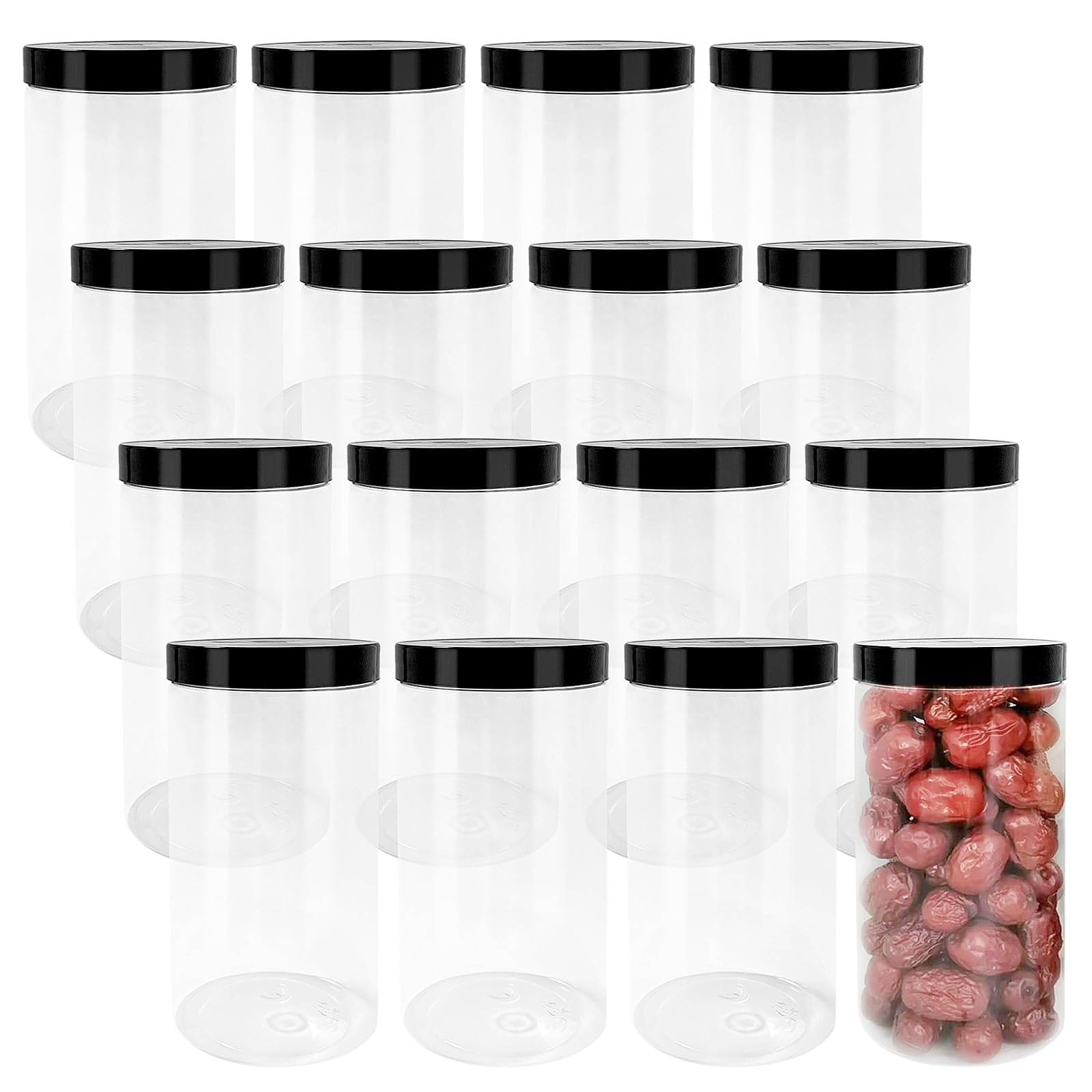 UEJYWUY 16 Pack 27 Oz Plastic Jars With Screw Lids, Wide Mouth Empty Clear Plastic Storage Container, Food Grade Large Round Jar for Household and Kitchen Organizing