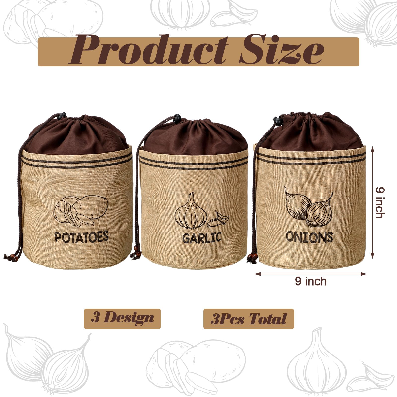 Wowangce 3 Pcs Onion Bags with Drawstring Sustainable Potato Bags with Blackout Lining Storage Farmhouse Kitchen Potato Sacks Food Potato Onion Garlic Storage Container for Pantry (Classic,Barncloth)