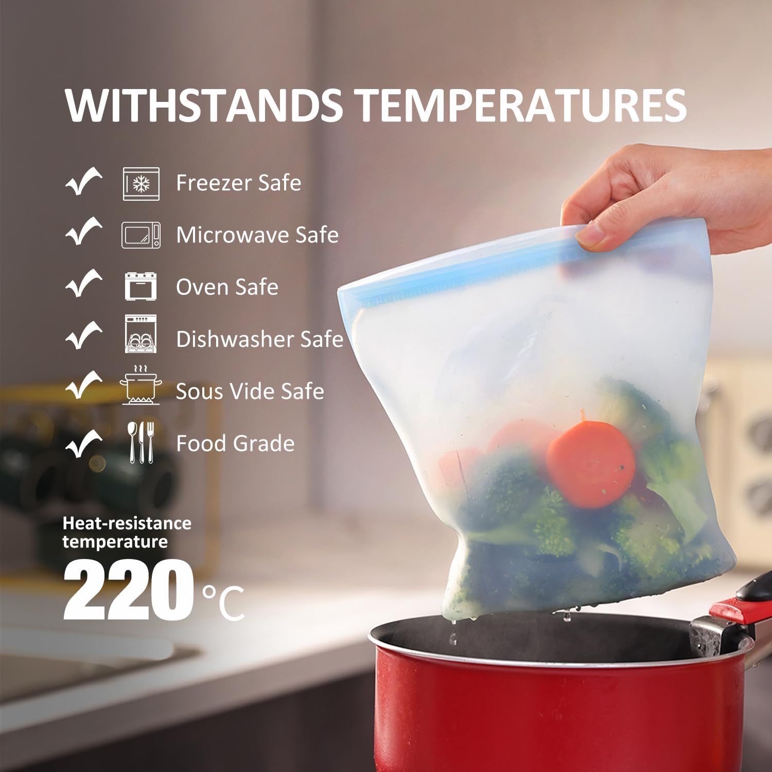 Jovilife Reusable Silicone Storage Bag Double Sealed Leakproof Food Storage Bag BPA Free 1700ml Silicone Food Storage Container Microwave and Dishwasher Safe(PURPLE)