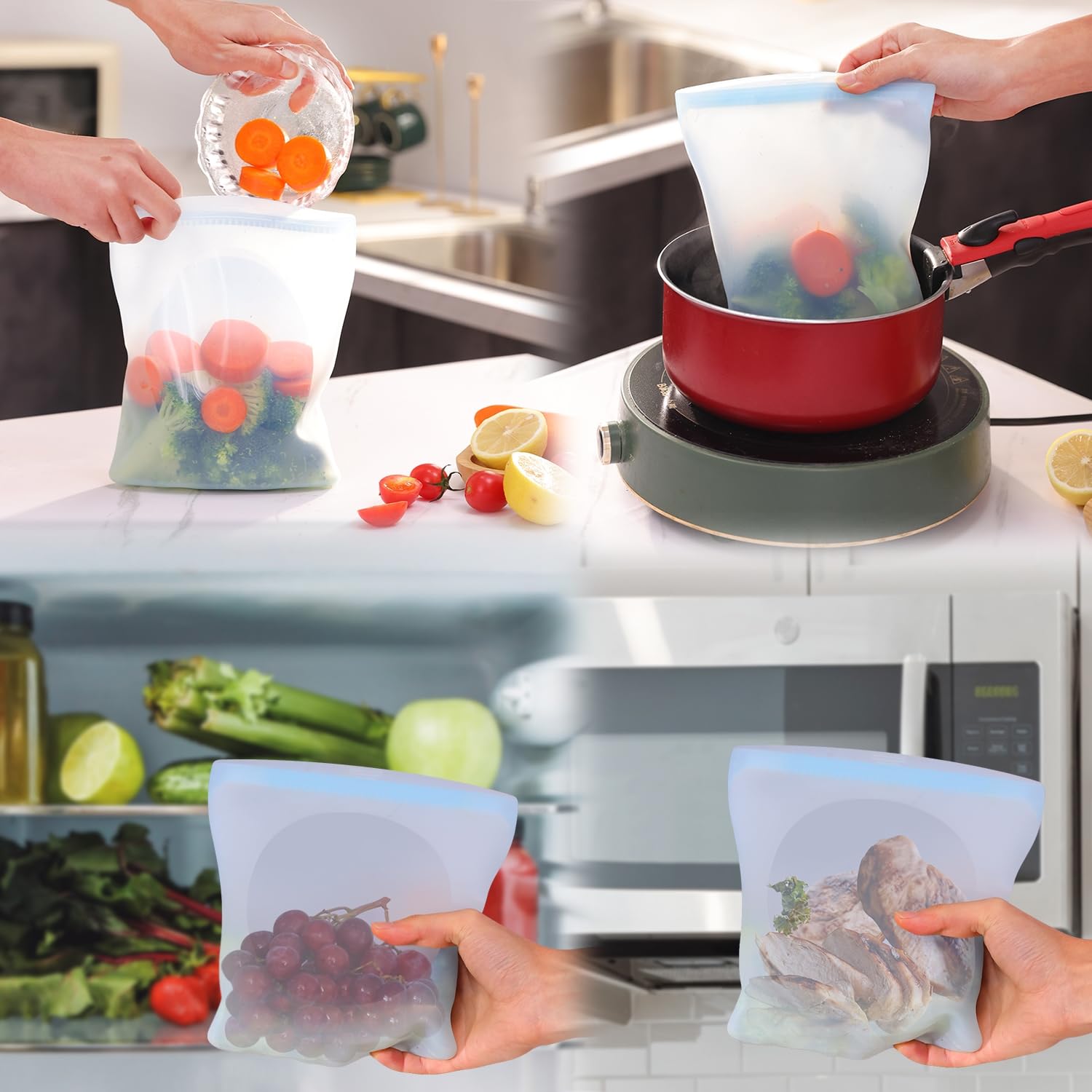 Jovilife Reusable Silicone Storage Bag Double Sealed Leakproof Food Storage Bag BPA Free 1700ml Silicone Food Storage Container Microwave and Dishwasher Safe(PURPLE)