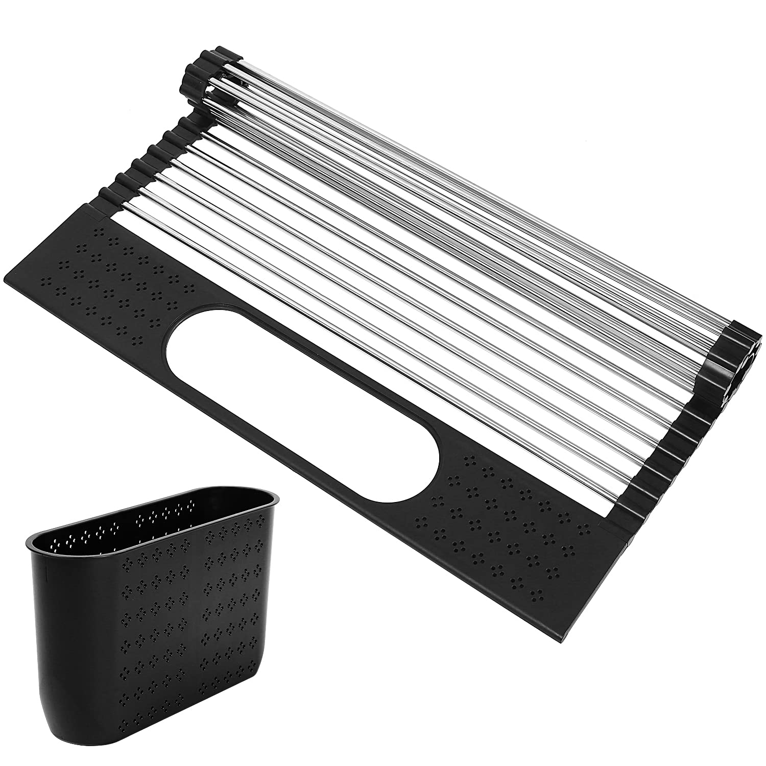 Ohuhu Roll Up Dish Drying Rack with Utensil Holder, Sink Dish Drying Rack 17.3" L x 15.6" W Dish Drainer Multipurpose Collapsible Dish Racks for Kitchen Counter Organizer