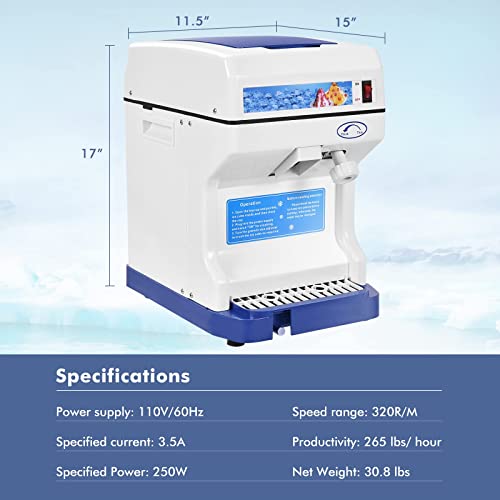 PETSITE Electric Ice Crusher Shaver, 250W Adjustable Shaved Ice Maker Machine, 265LBS/H, Snow Cone Maker for Home and Commercial Use, White Blue