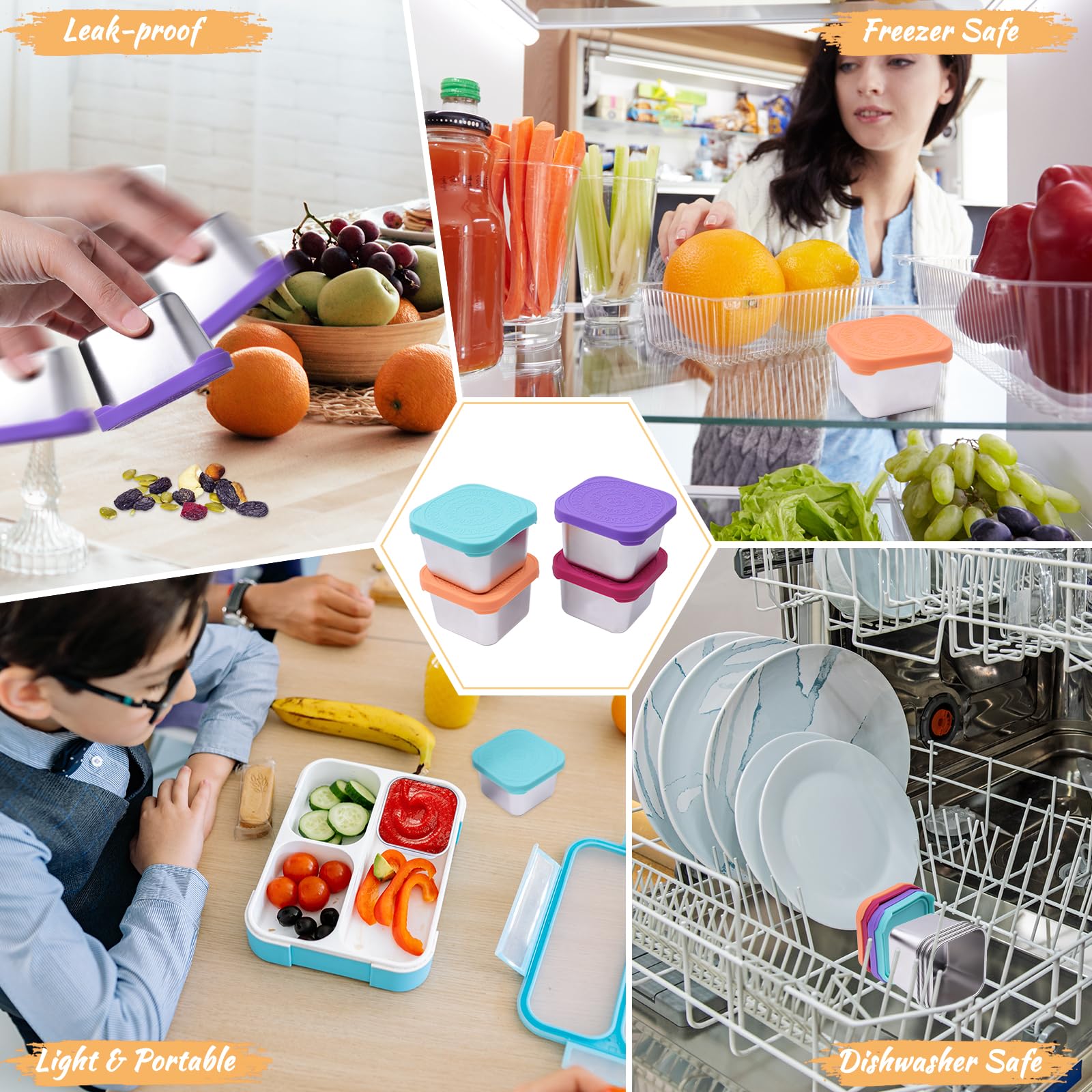ZHAO Stainless Steel Snack Containers with Silicone Lids Small Metal Food Storage Containers Lunch Snack Condiment Sauce Storage Set for Travel, Picnic, Office (4)